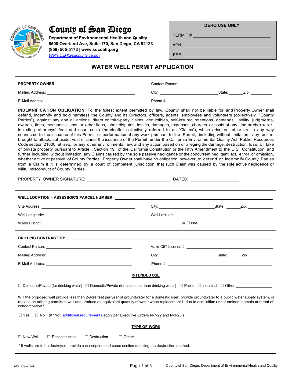 County of San Diego, California Water Well Permit Application Download ...