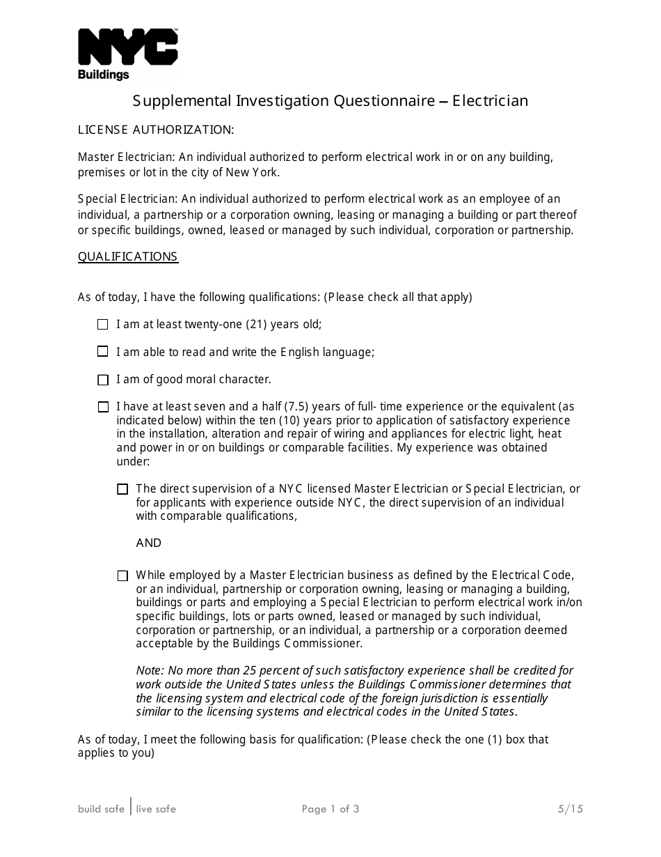 New York City Supplemental Investigation Questionnaire - Electrician ...