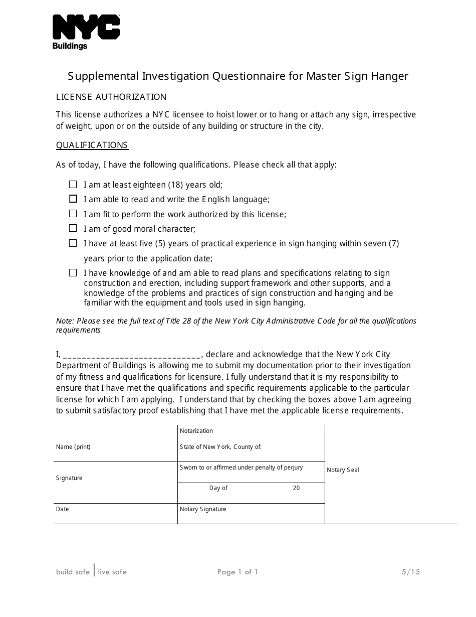 New York City Supplemental Investigation Questionnaire for Master Sign ...