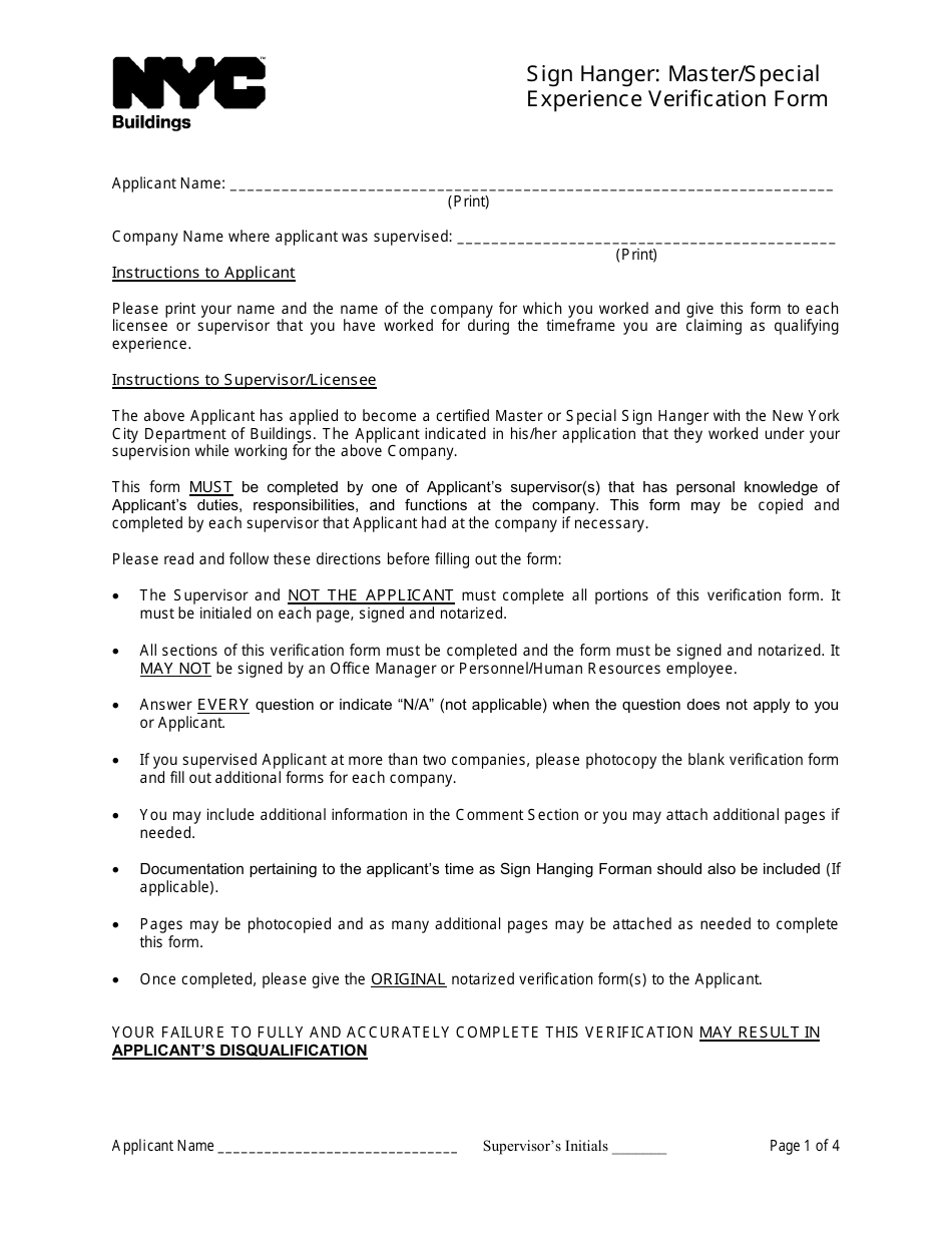New York City Sign Hanger: Master/Special Experience Verification Form ...