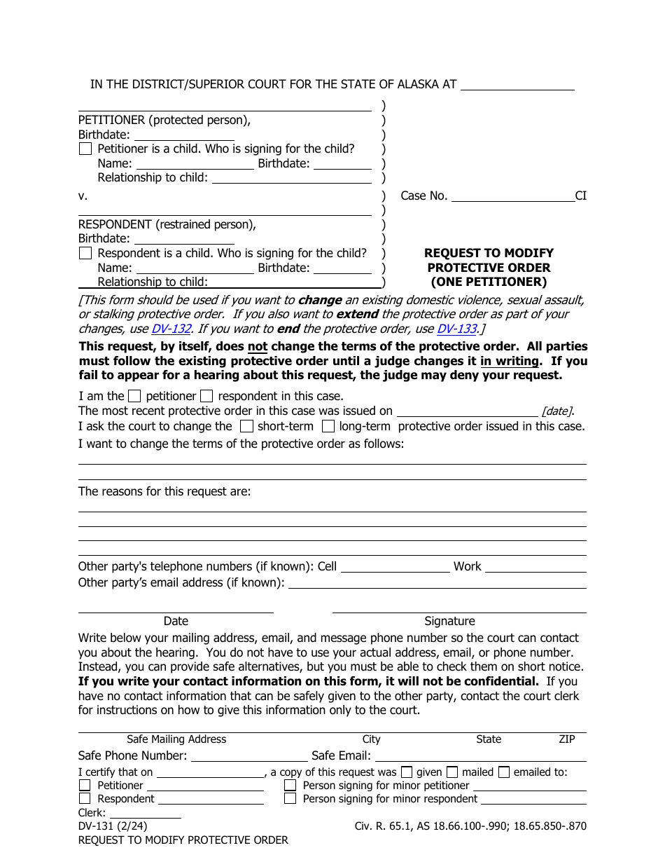 Form DV-131 - Fill Out, Sign Online and Download Fillable PDF, Alaska ...