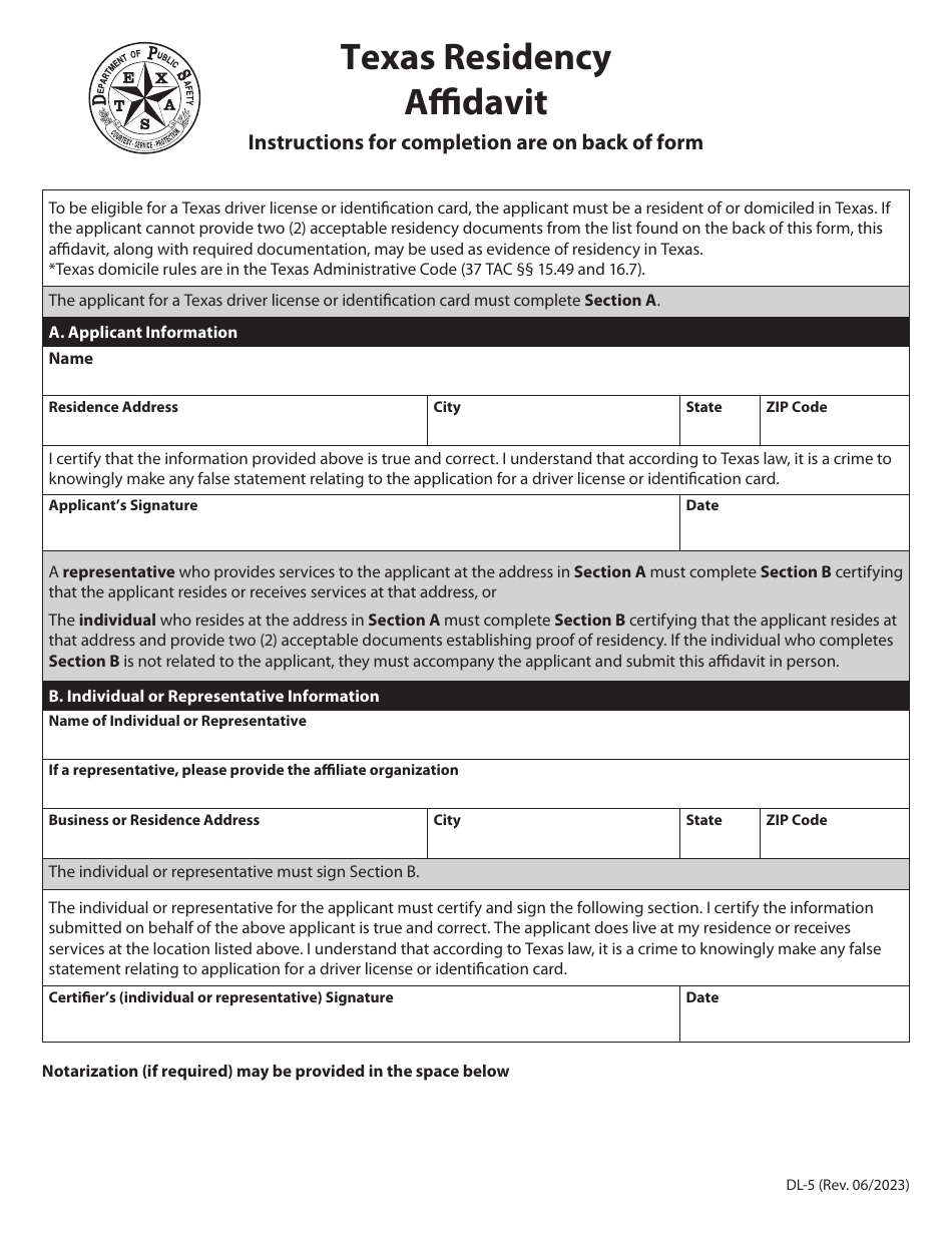 Form DL-5 Download Fillable PDF or Fill Online Texas Residency Affidavit, Texas 2013 — 2026 ...