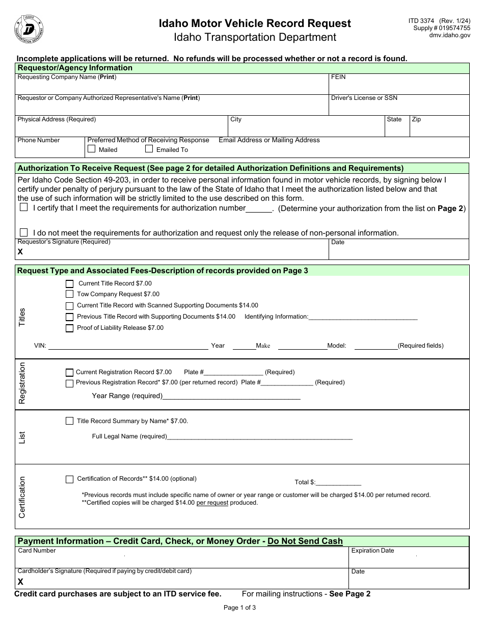 Form ITD3374 Download Fillable PDF or Fill Online Idaho Motor Vehicle ...