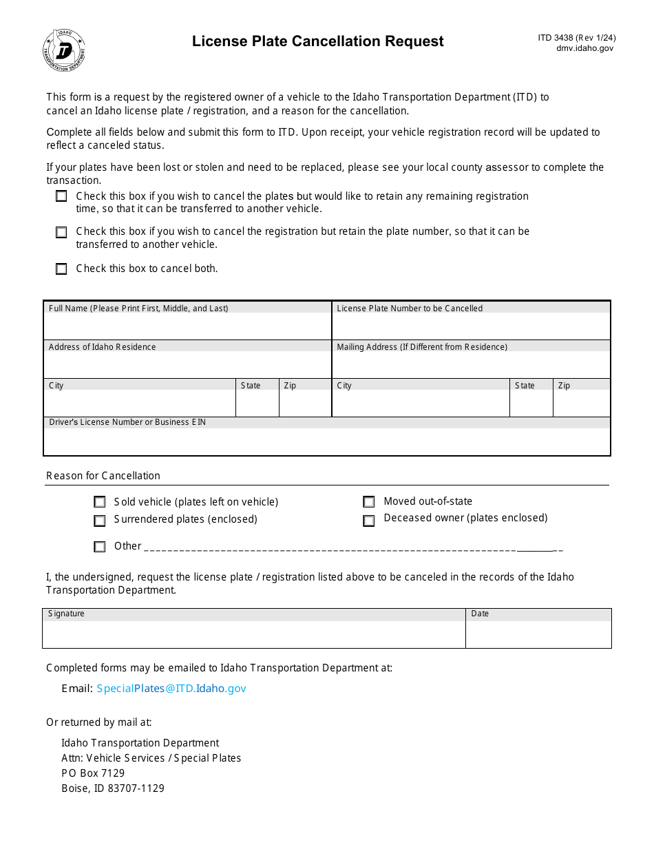 Form ITD3438 Download Fillable PDF or Fill Online License Plate ...