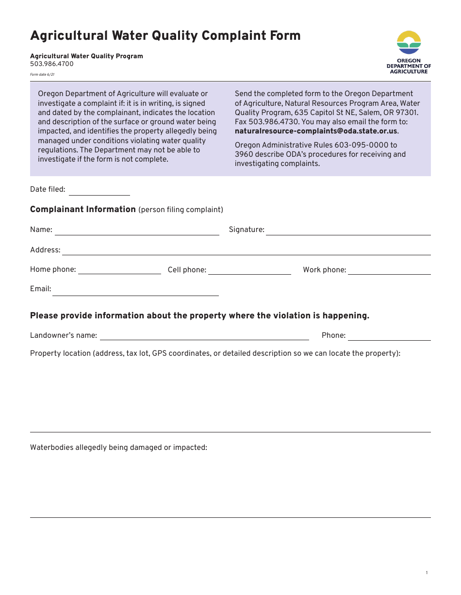 Oregon Agricultural Water Quality Complaint Form - Fill Out, Sign ...