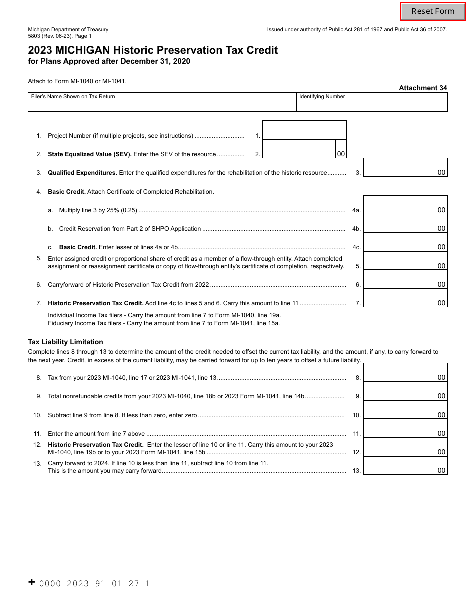 Form 5803 Download Fillable PDF or Fill Online Michigan Historic ...