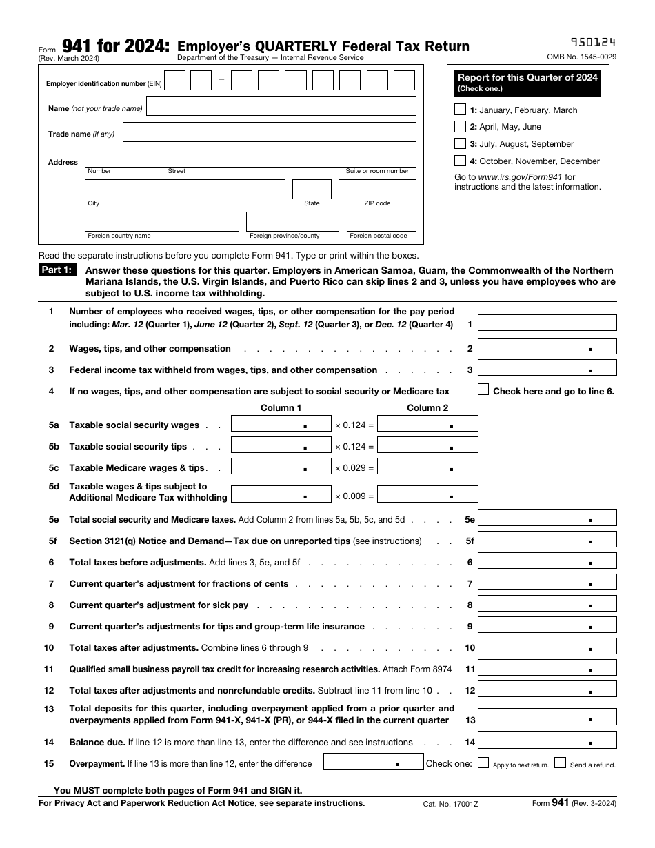 IRS Form 941 Download Fillable PDF or Fill Online Employer's Quarterly ...