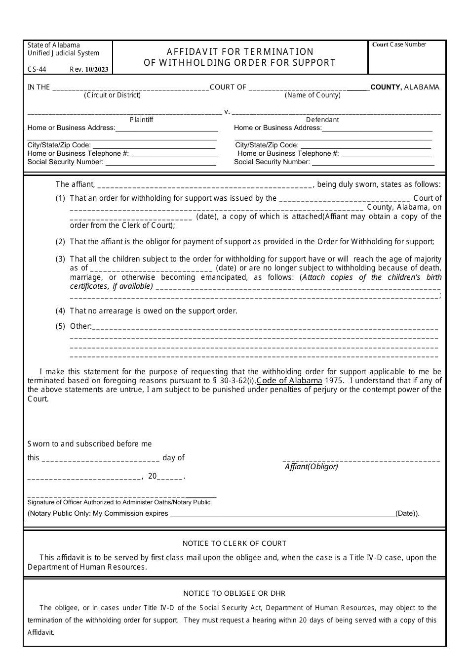 Form CS-44 Download Fillable PDF or Fill Online Affidavit for ...