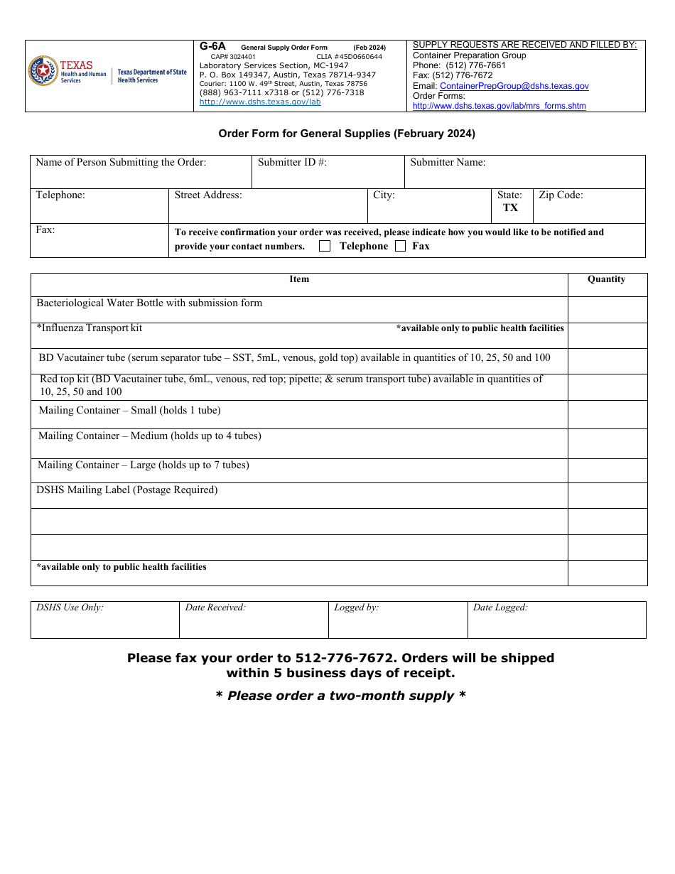 Form G-6A Download Fillable PDF or Fill Online Order Form for General ...