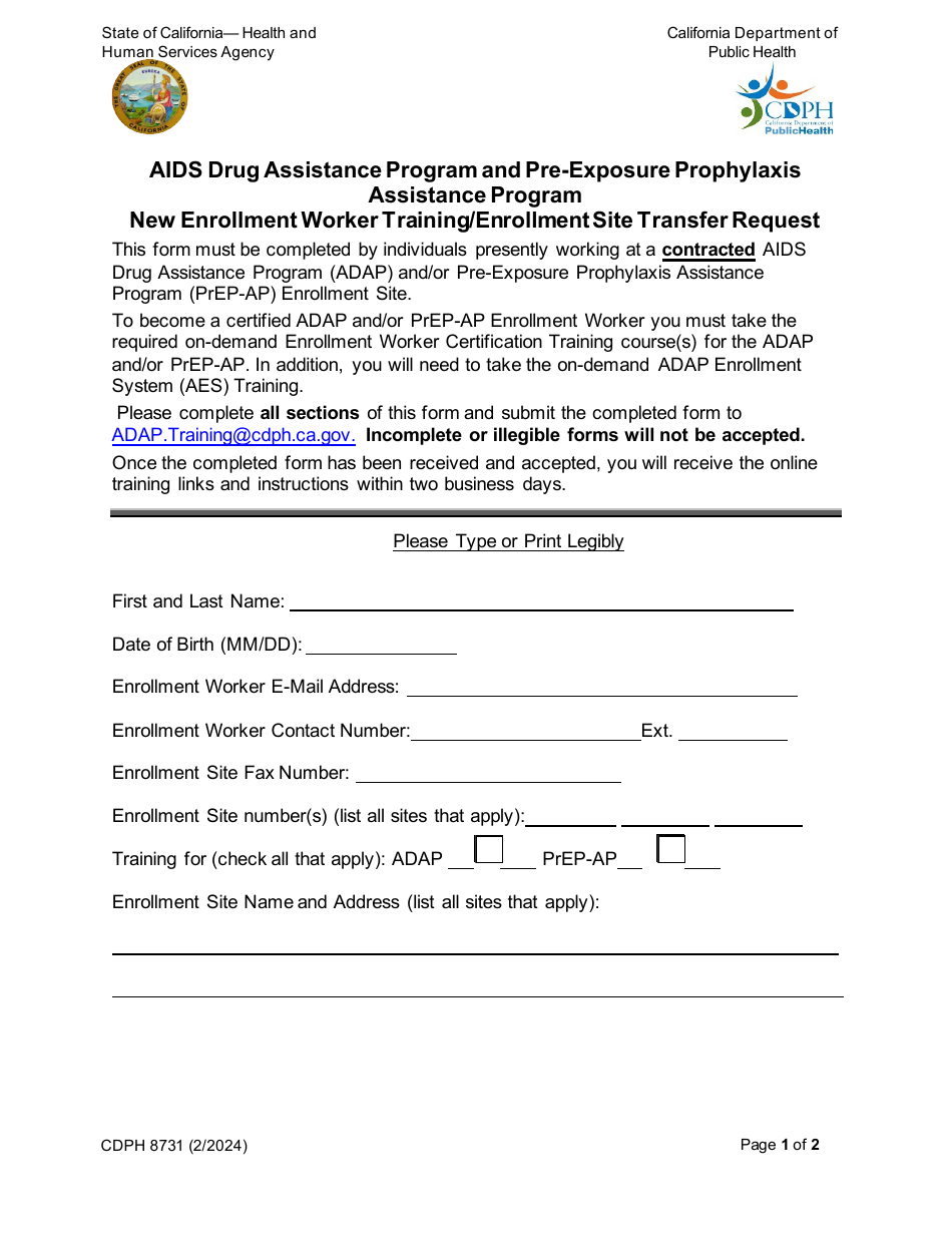Form CDPH8731 Download Fillable PDF or Fill Online New Enrollment ...