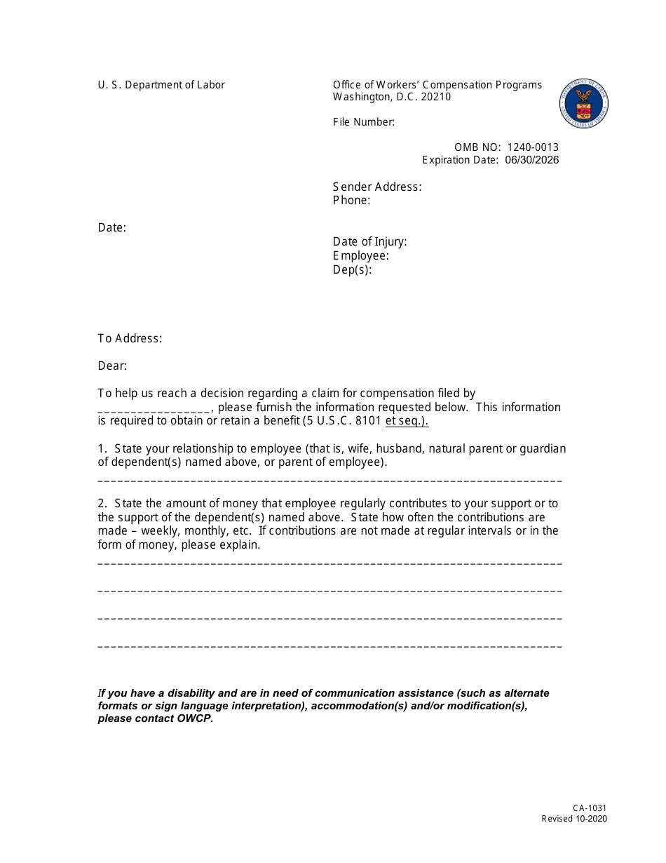 Form CA-1031 Download Printable PDF or Fill Online Letter to Dependants ...