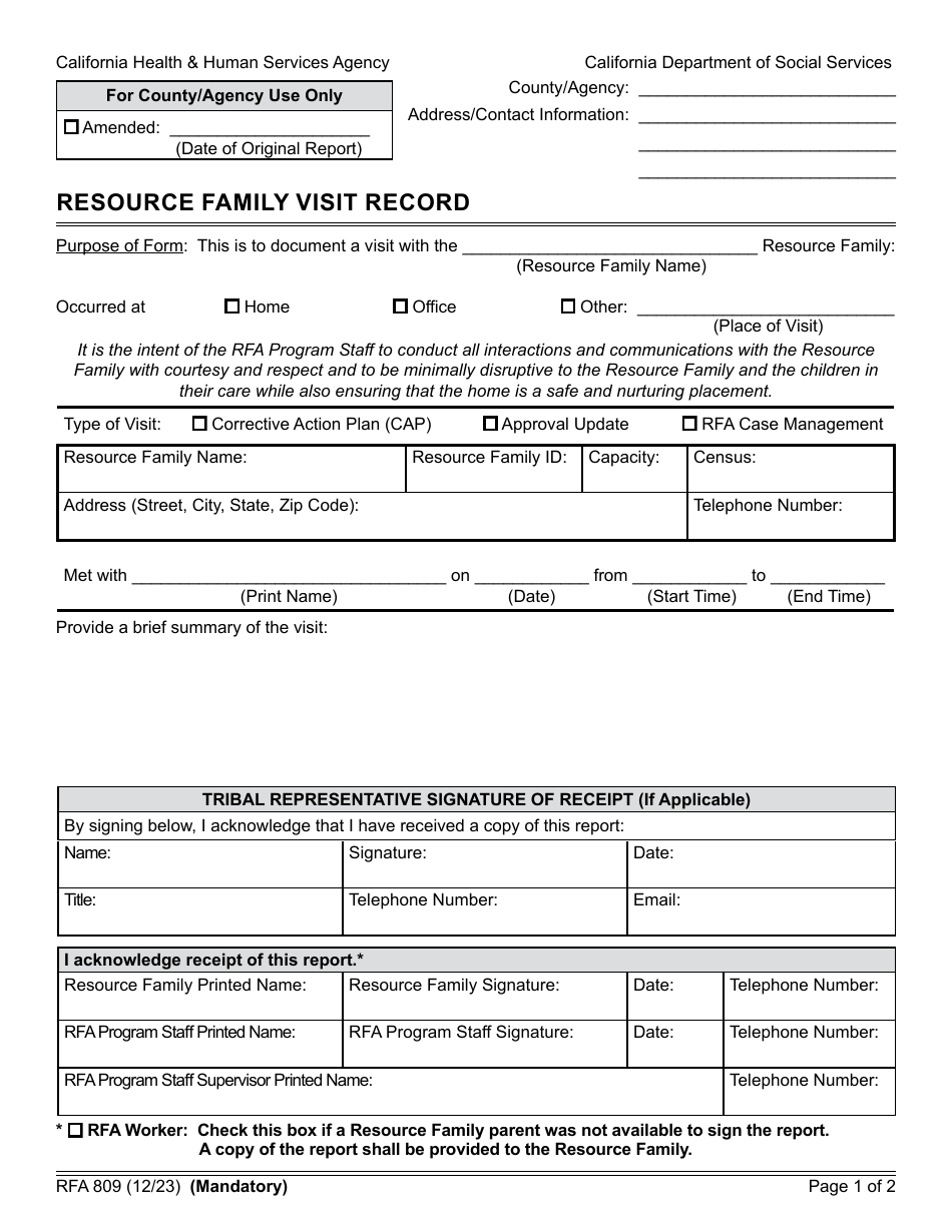 Form RFA809 Download Fillable PDF or Fill Online Resource Family Visit ...