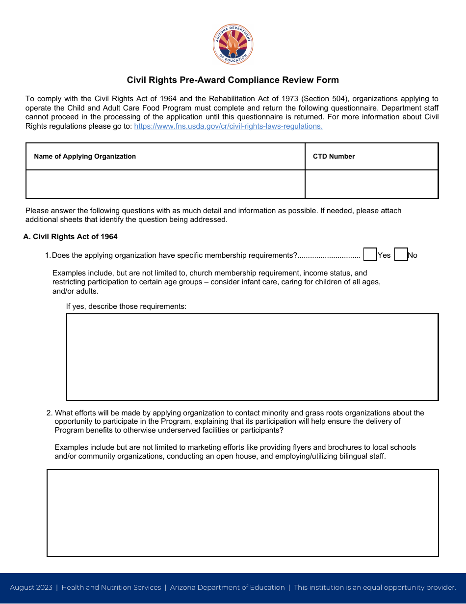 Arizona Civil Rights Pre-award Compliance Review Form Download Fillable ...