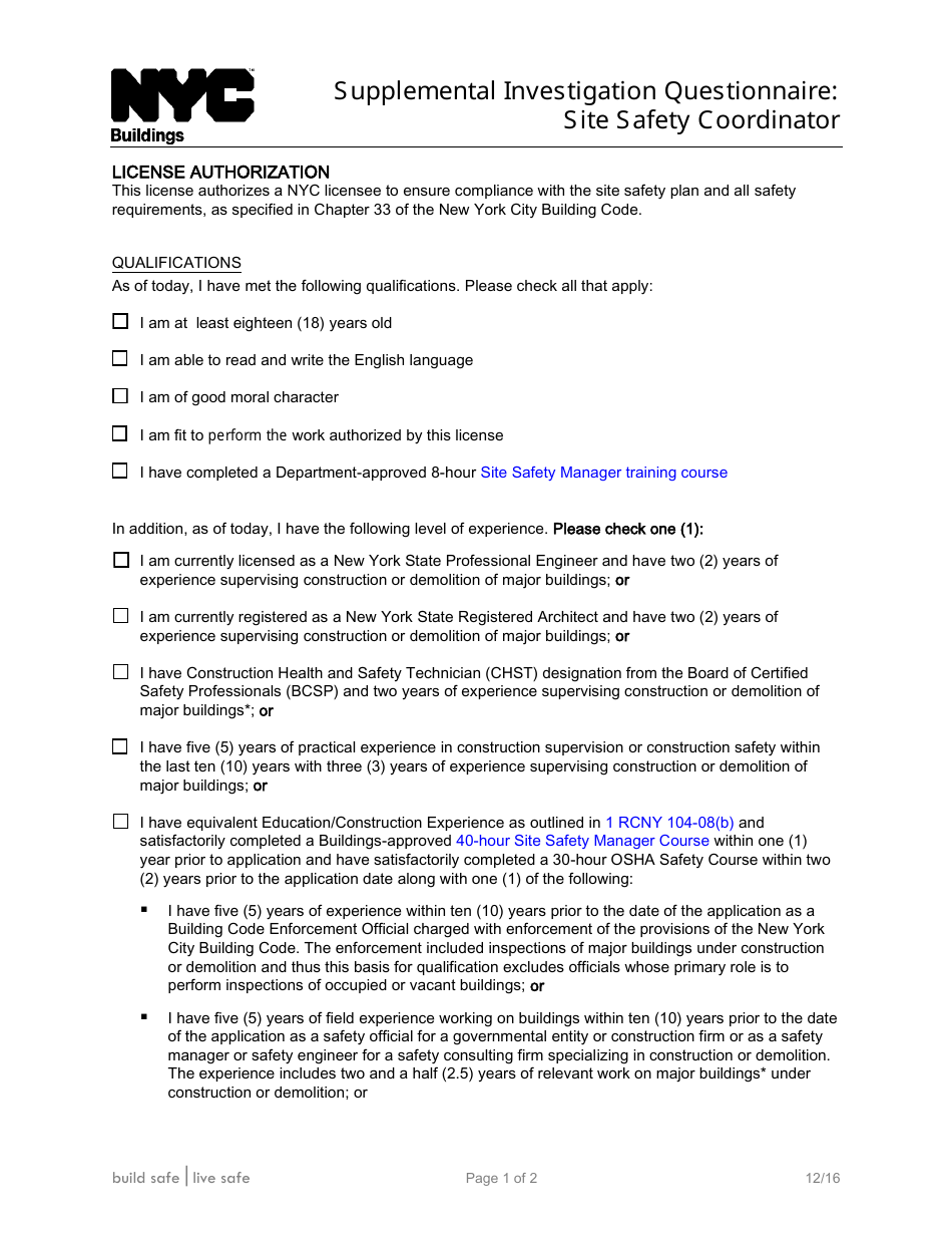 New York City Supplemental Investigation Questionnaire: Site Safety ...