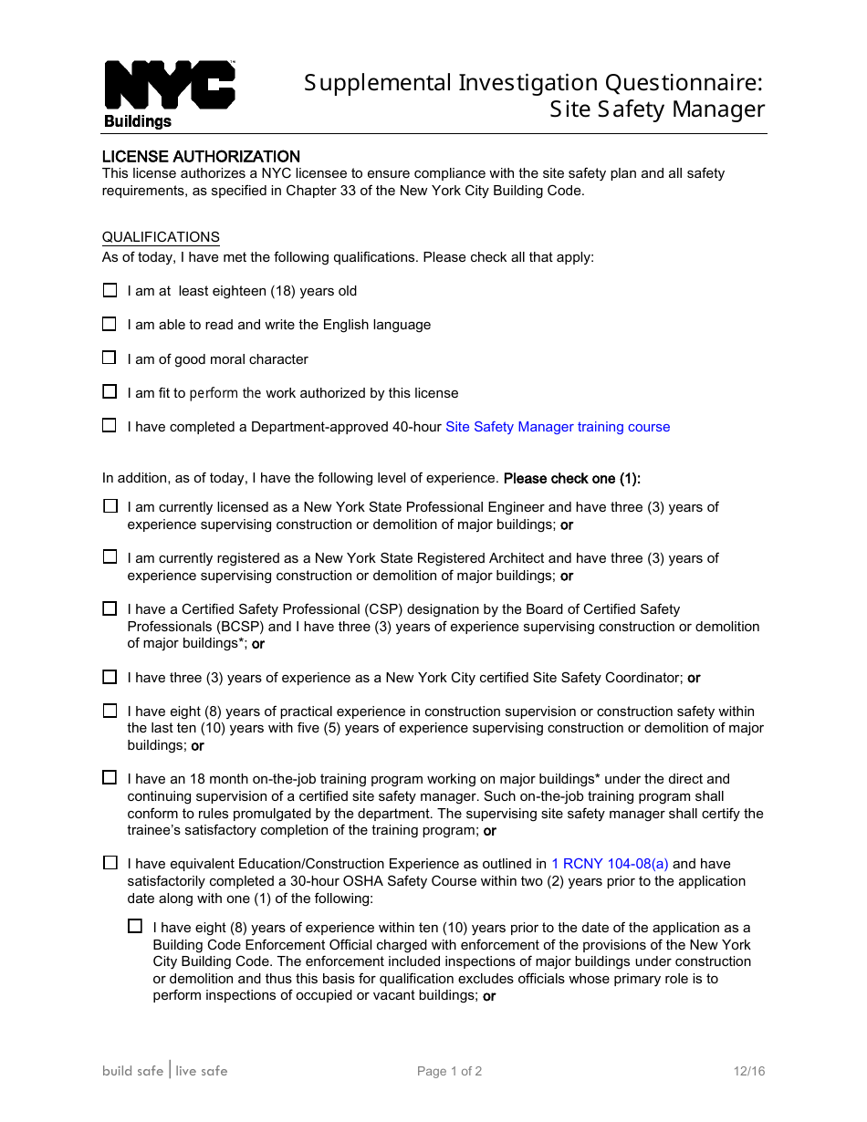 New York City Supplemental Investigation Questionnaire: Site Safety ...