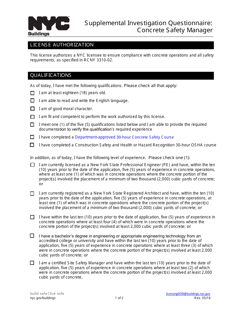 New York City Supplemental Investigation Questionnaire: Concrete Safety ...