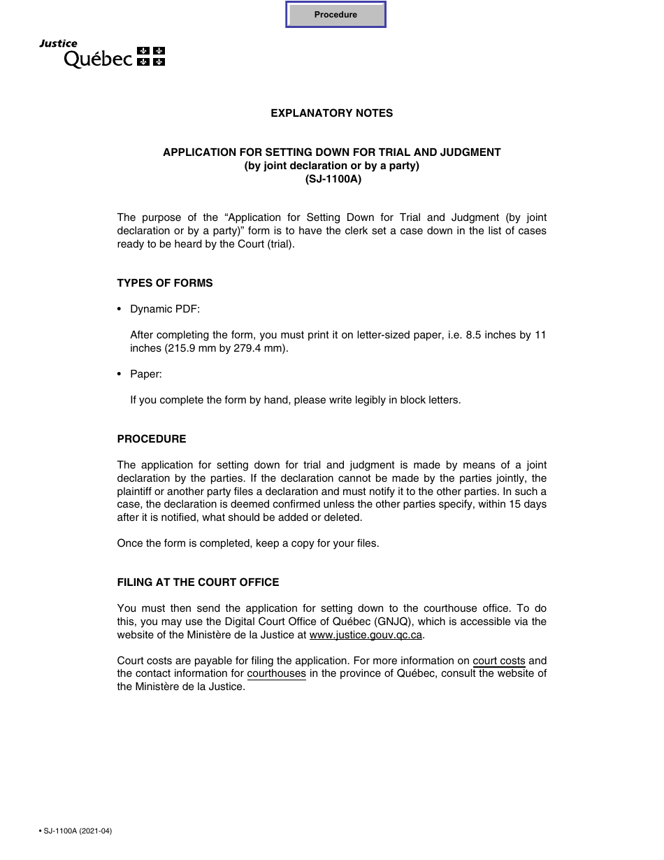 Form SJ-1100A - Fill Out, Sign Online and Download Fillable PDF, Quebec Canada | Templateroller