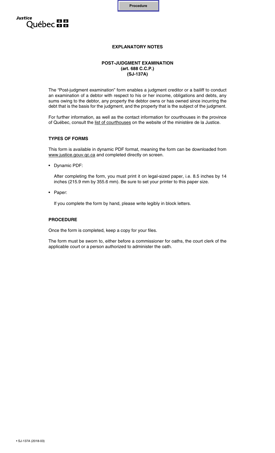 Form SJ-137A - Fill Out, Sign Online and Download Fillable PDF, Quebec ...