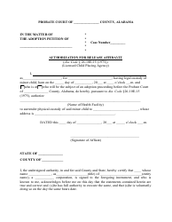 Alabama Authorization for Release Affidavit (Licensed Child Placing ...