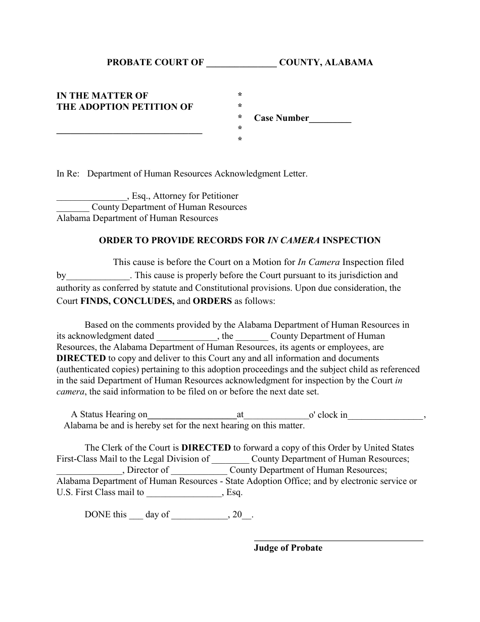 Alabama Order to Provide Records for in Camera Inspection - Fill Out ...