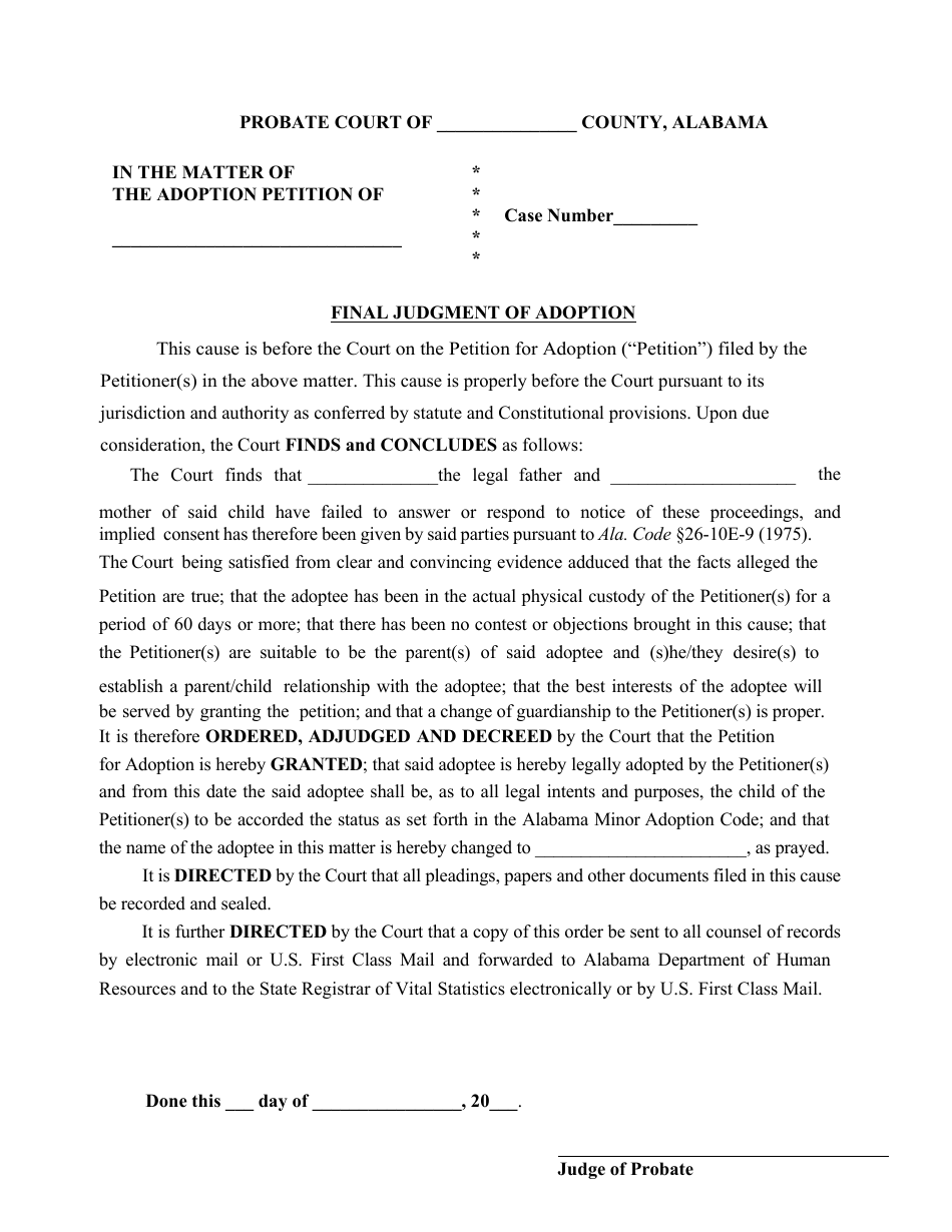 Alabama Final Judgement of Adoption - Nonrelated, Implied Consent - Fill Out, Sign Online and ...