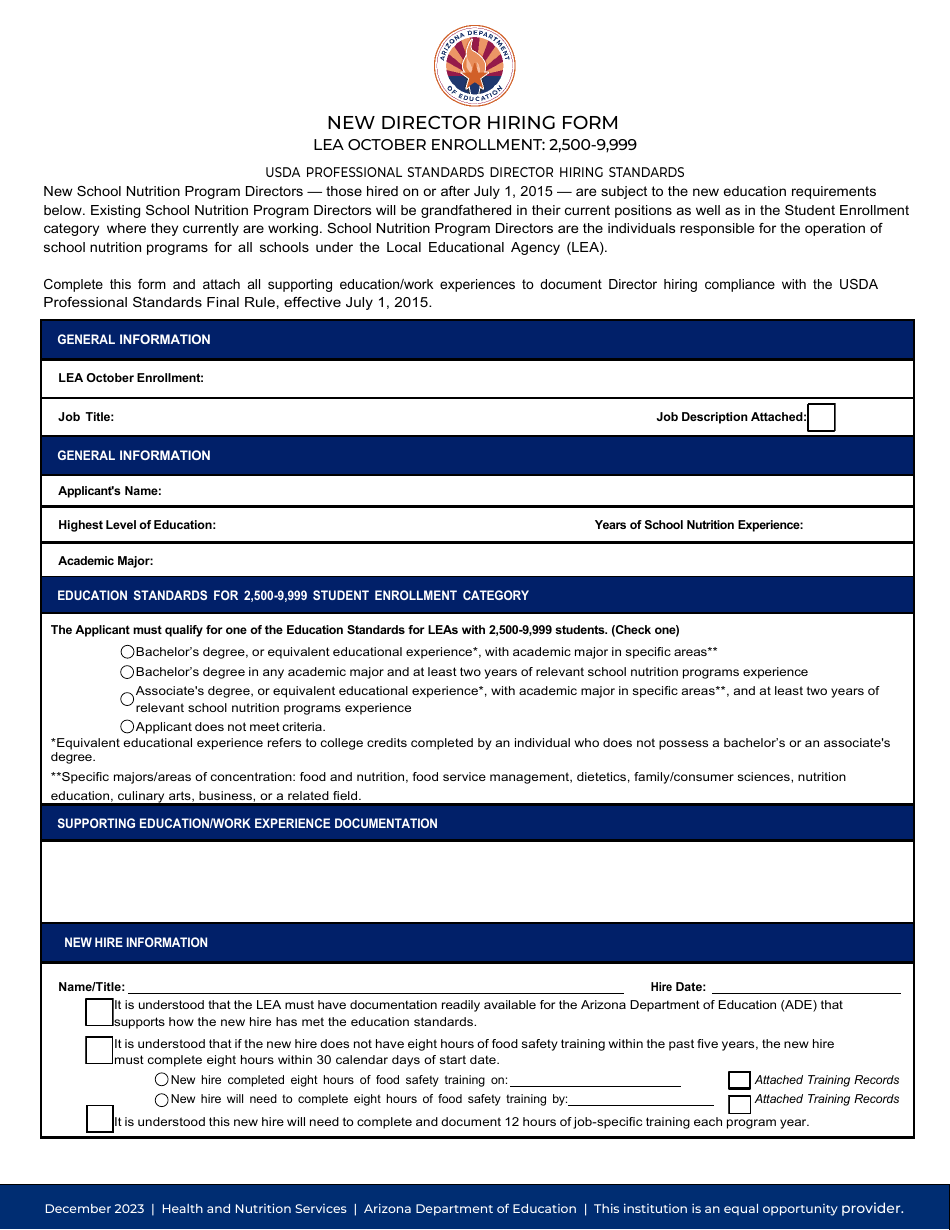 Arizona New Director Hiring Form - Hired After July 1, 2015 (2,500 ...