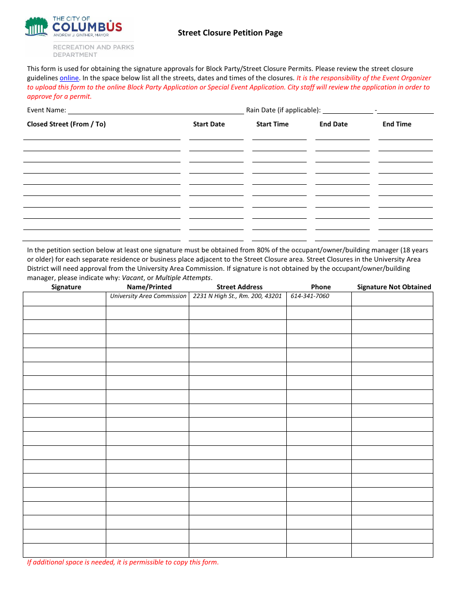 City of Columbus, Ohio Street Closure Petition Page - Fill Out, Sign ...