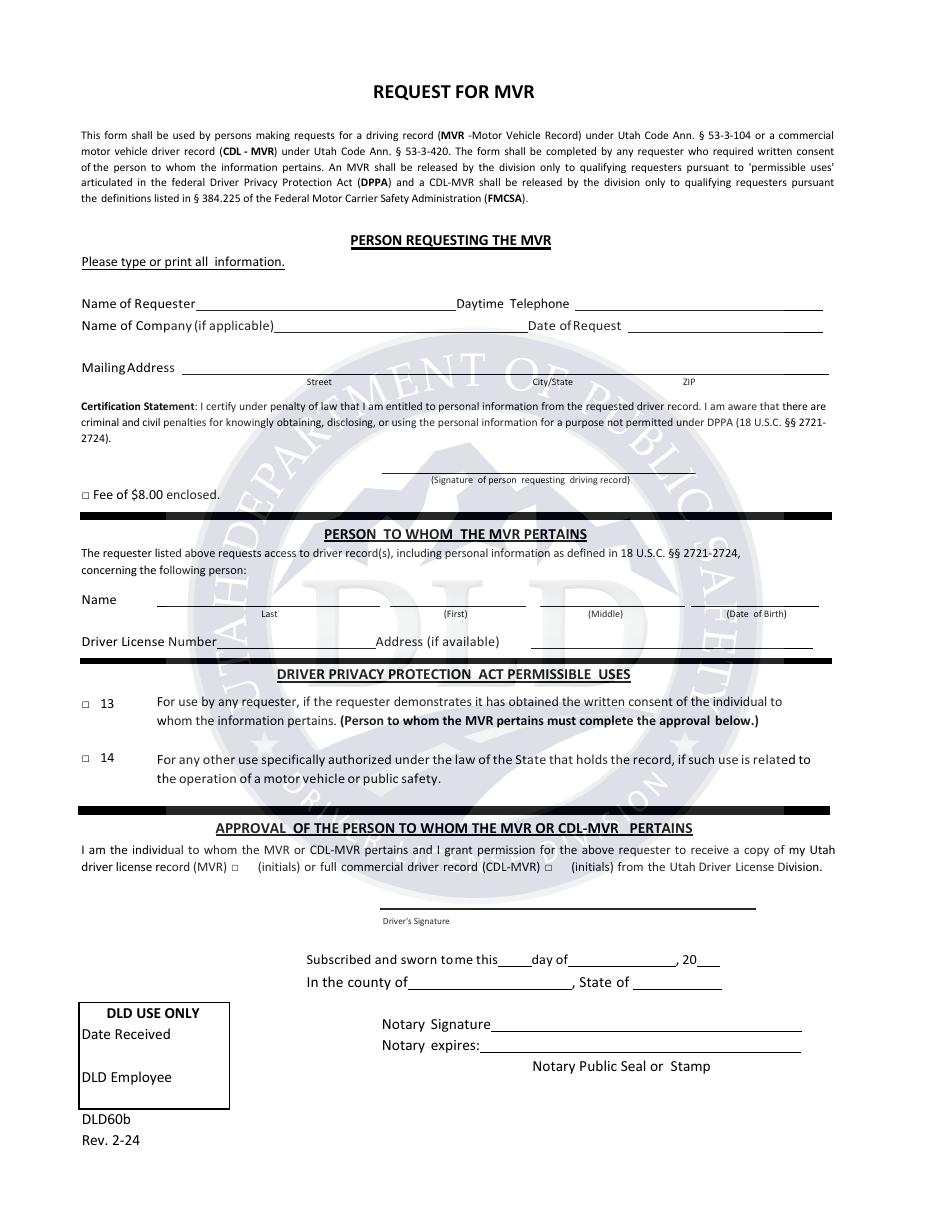 Form DLD60B Download Printable PDF or Fill Online Request for Mvr, Utah ...