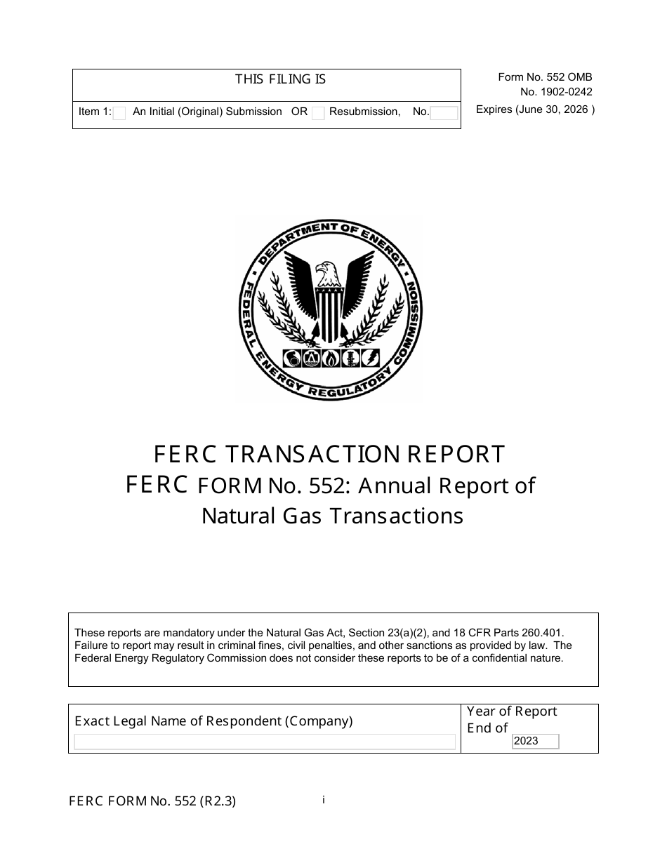FERC Form 552 Download Fillable PDF or Fill Online Annual Report of ...