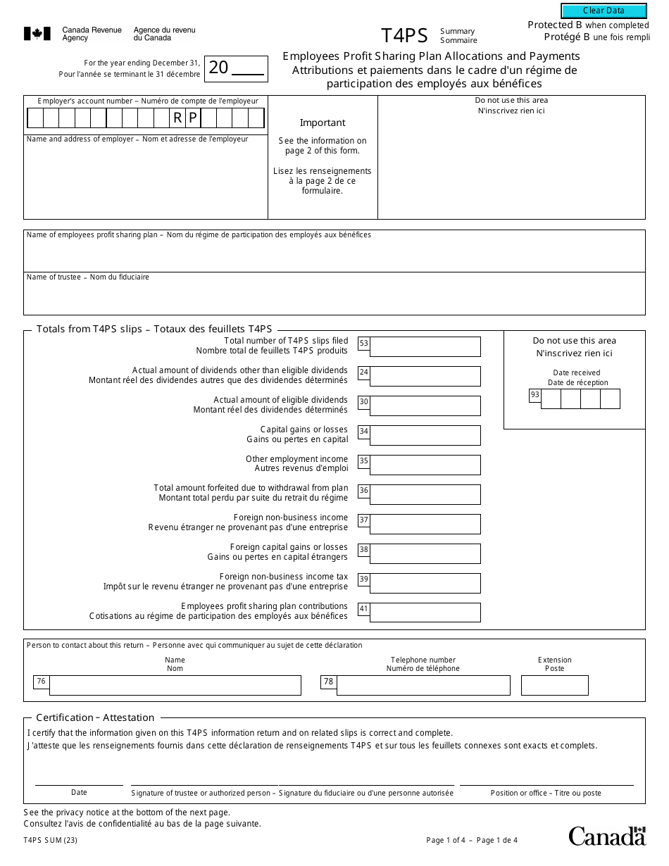 Form T4PS SUM Download Fillable PDF or Fill Online Employees Profit ...