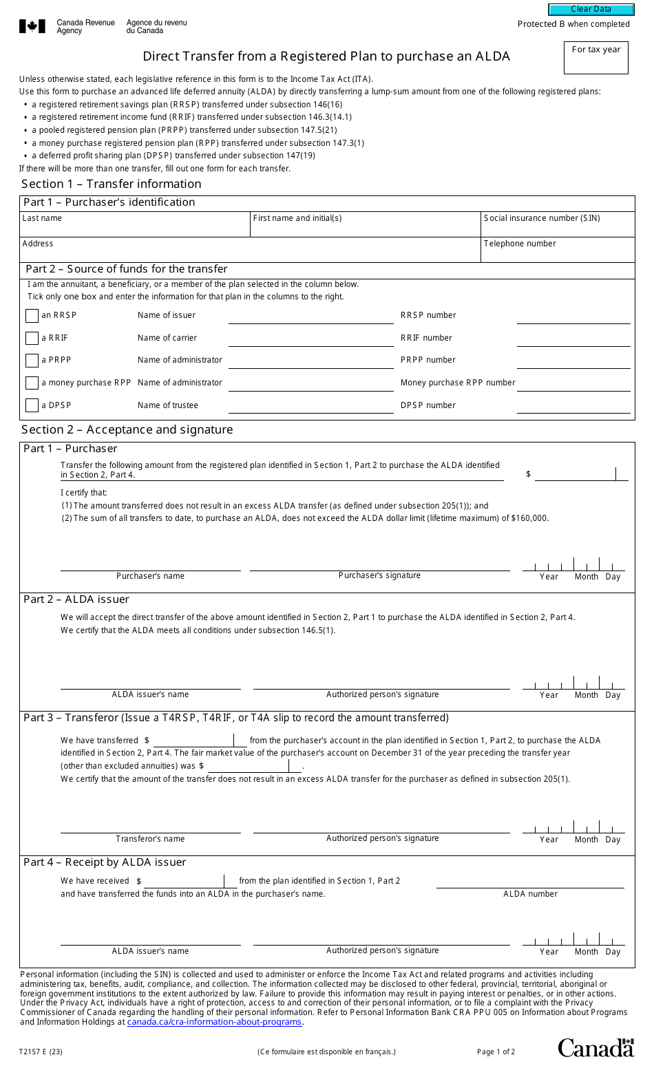 Form T2157 Download Fillable PDF or Fill Online Direct Transfer From a ...