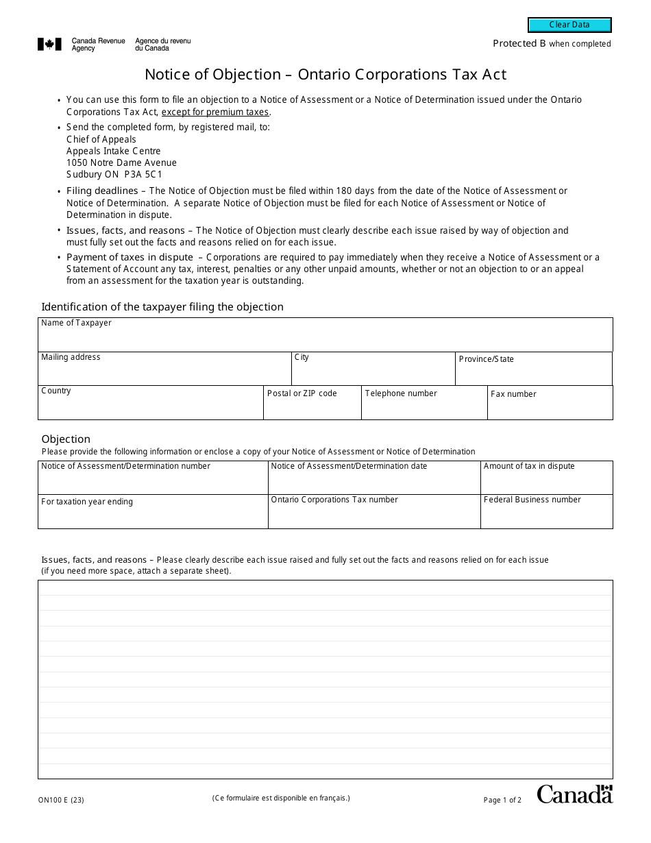 Form ON100 Download Fillable PDF or Fill Online Notice of Objection ...