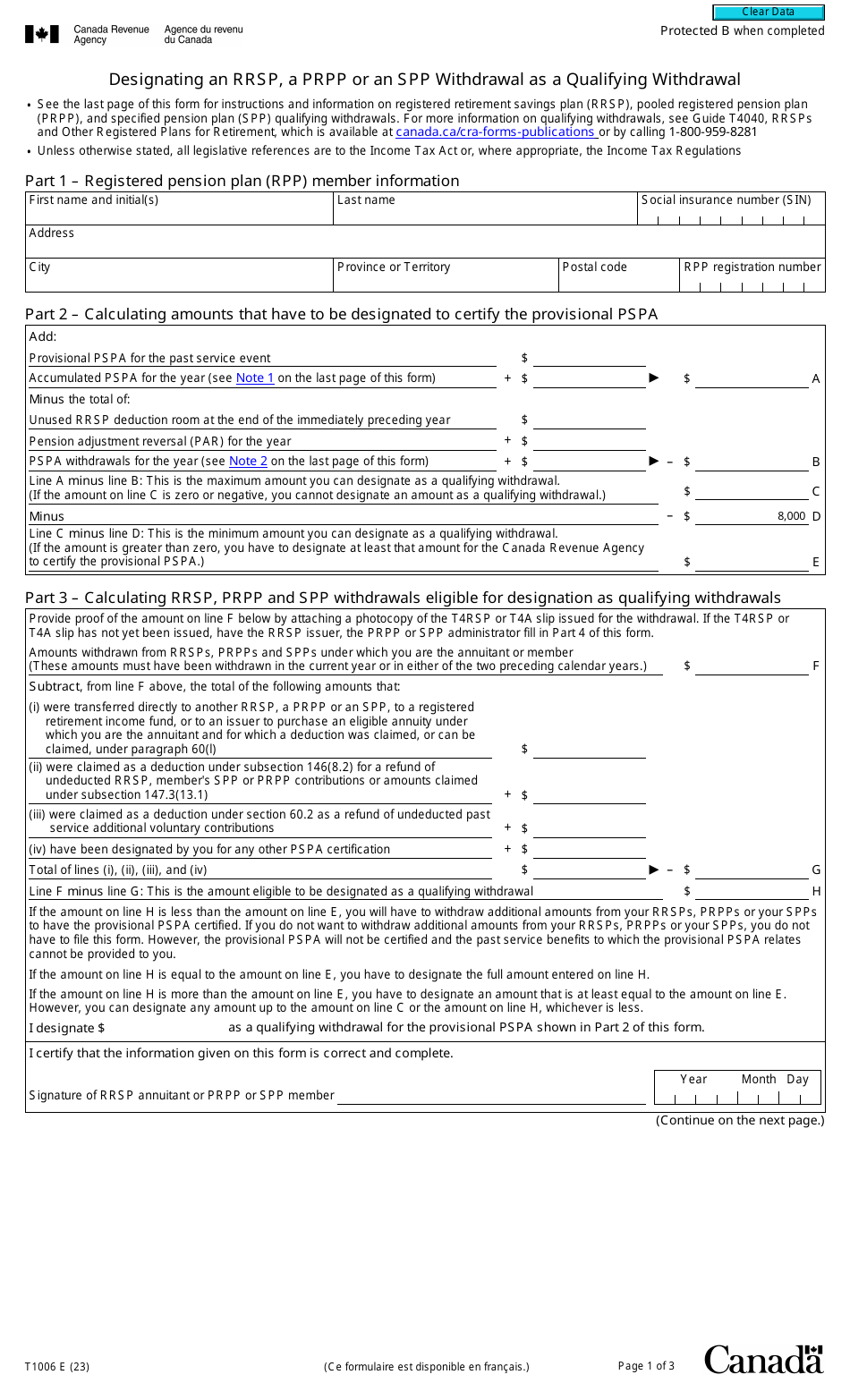 Form T1006 Download Fillable PDF or Fill Online Designating an Rrsp, a ...