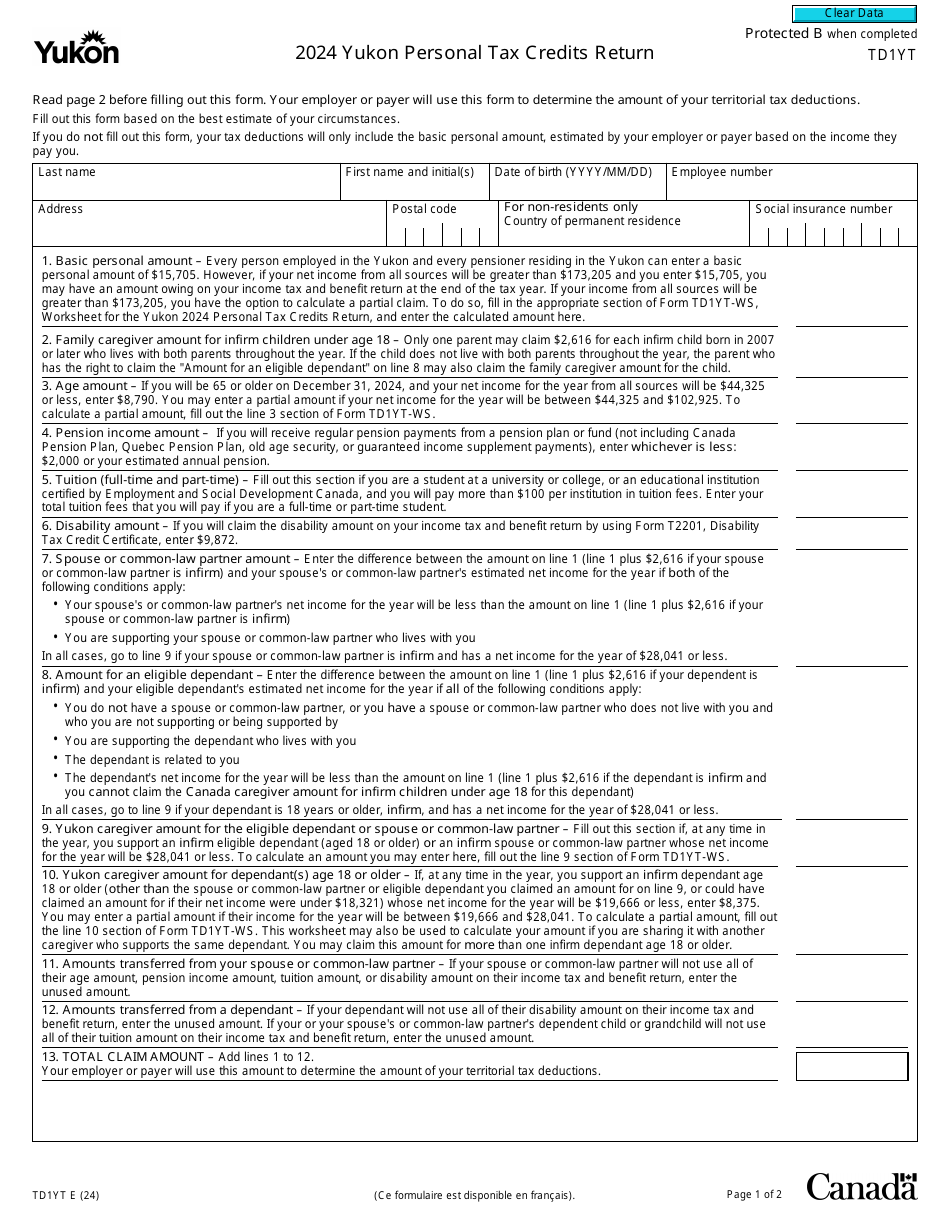 Form TD1YT Download Fillable PDF or Fill Online Yukon Personal Tax ...