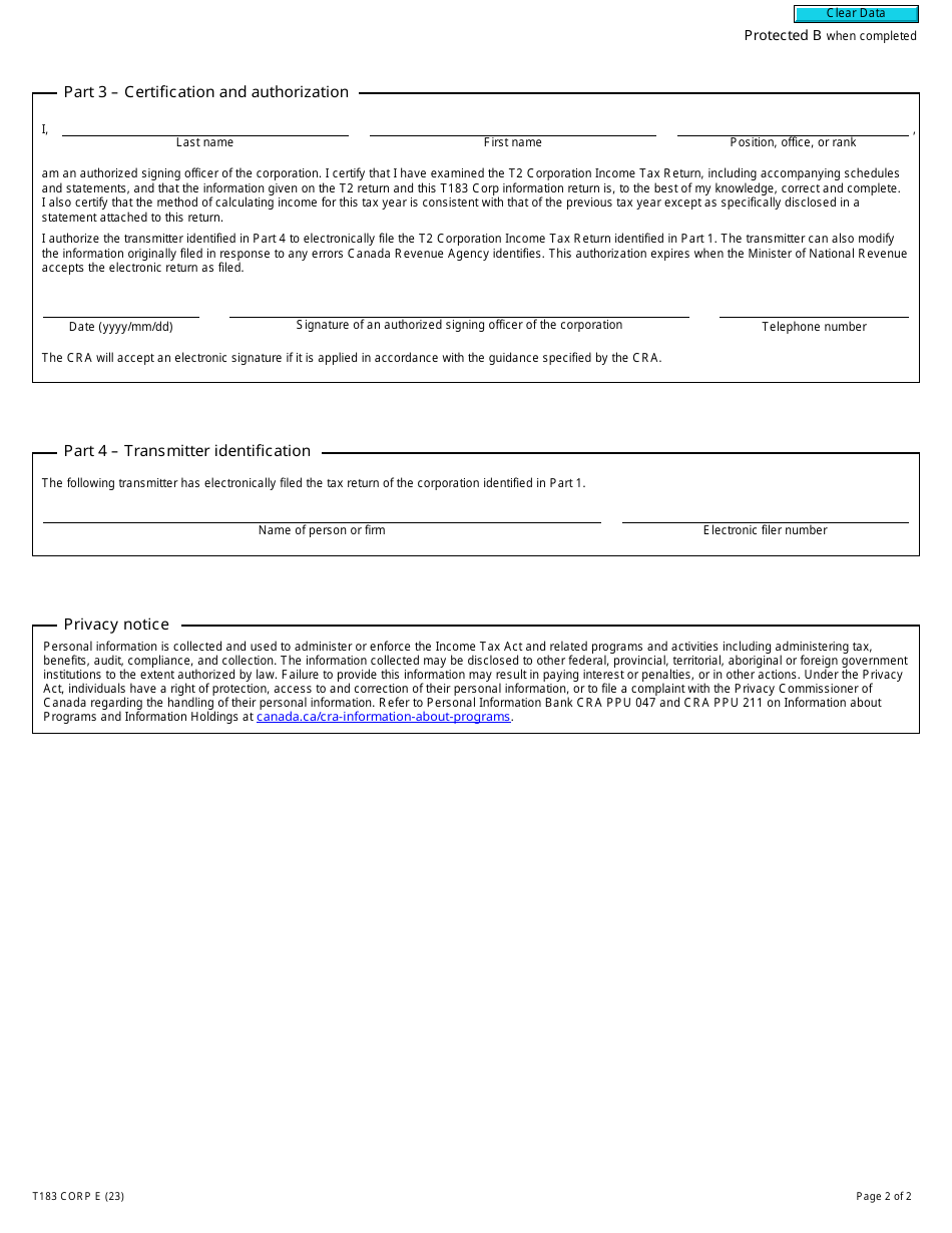 Form T183 CORP Download Fillable PDF or Fill Online Information Return ...