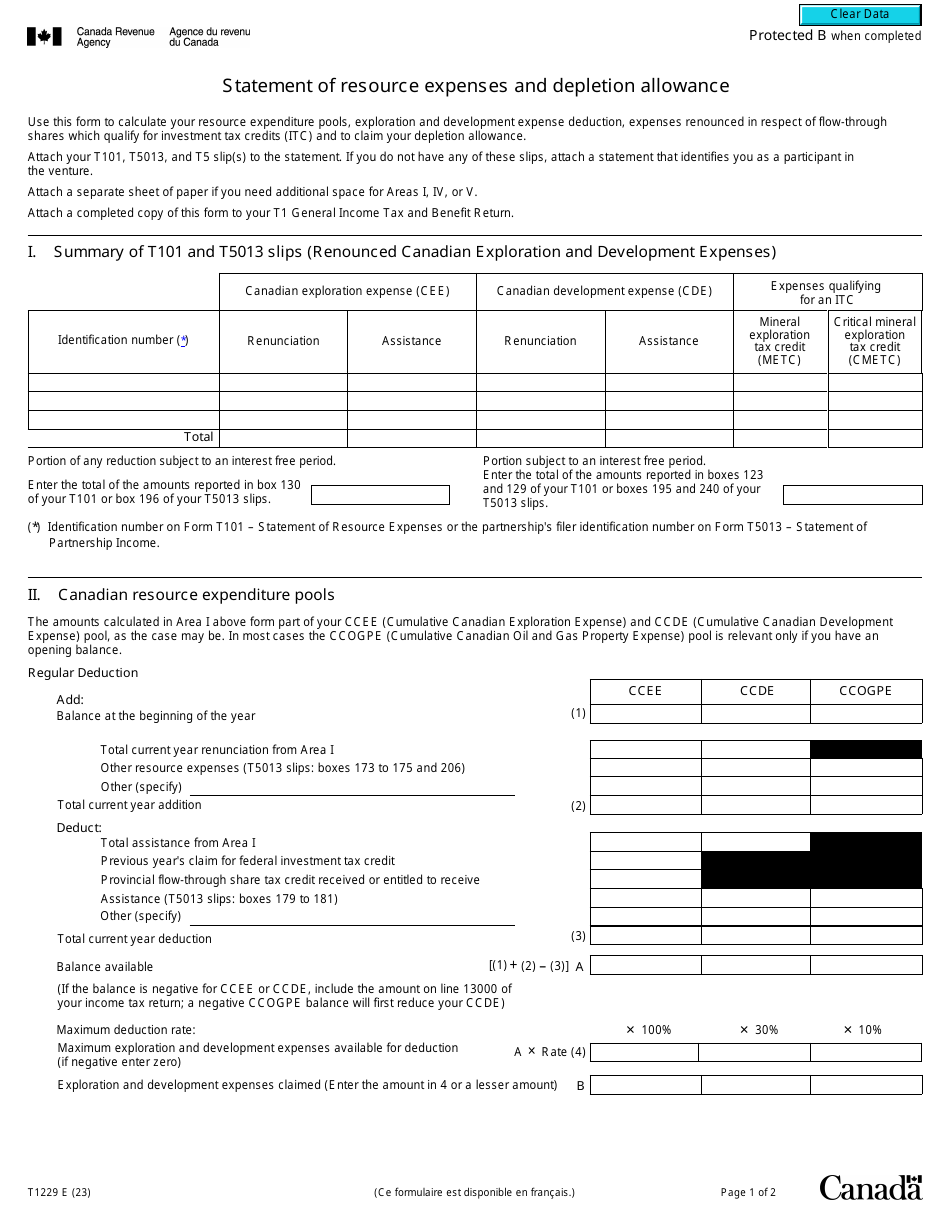 Form T1229 Download Fillable PDF or Fill Online Statement of Resource ...