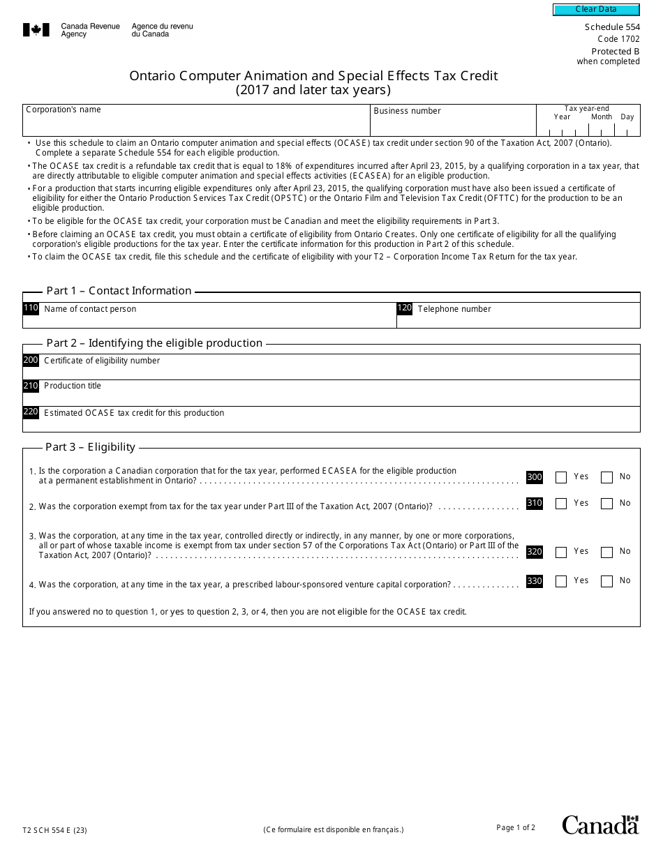 Form T2 Schedule 554 Download Fillable PDF or Fill Online Ontario ...