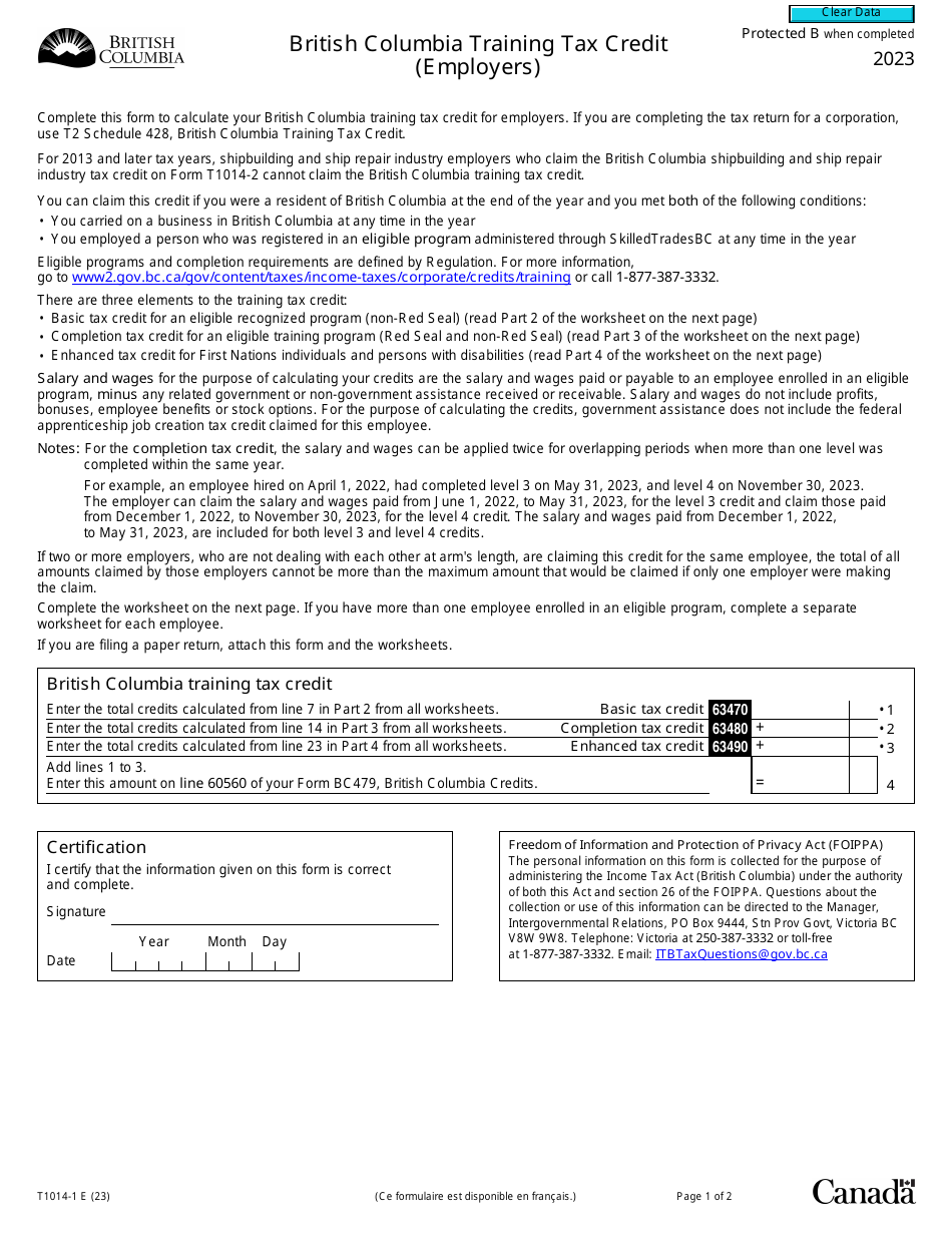 Form T1014-1 Download Fillable PDF or Fill Online British Columbia ...