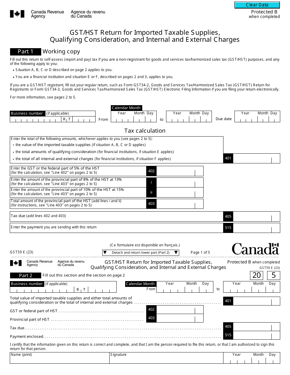 Form GST59 Download Fillable PDF or Fill Online Gst/Hst Return for Imported Taxable Supplies ...