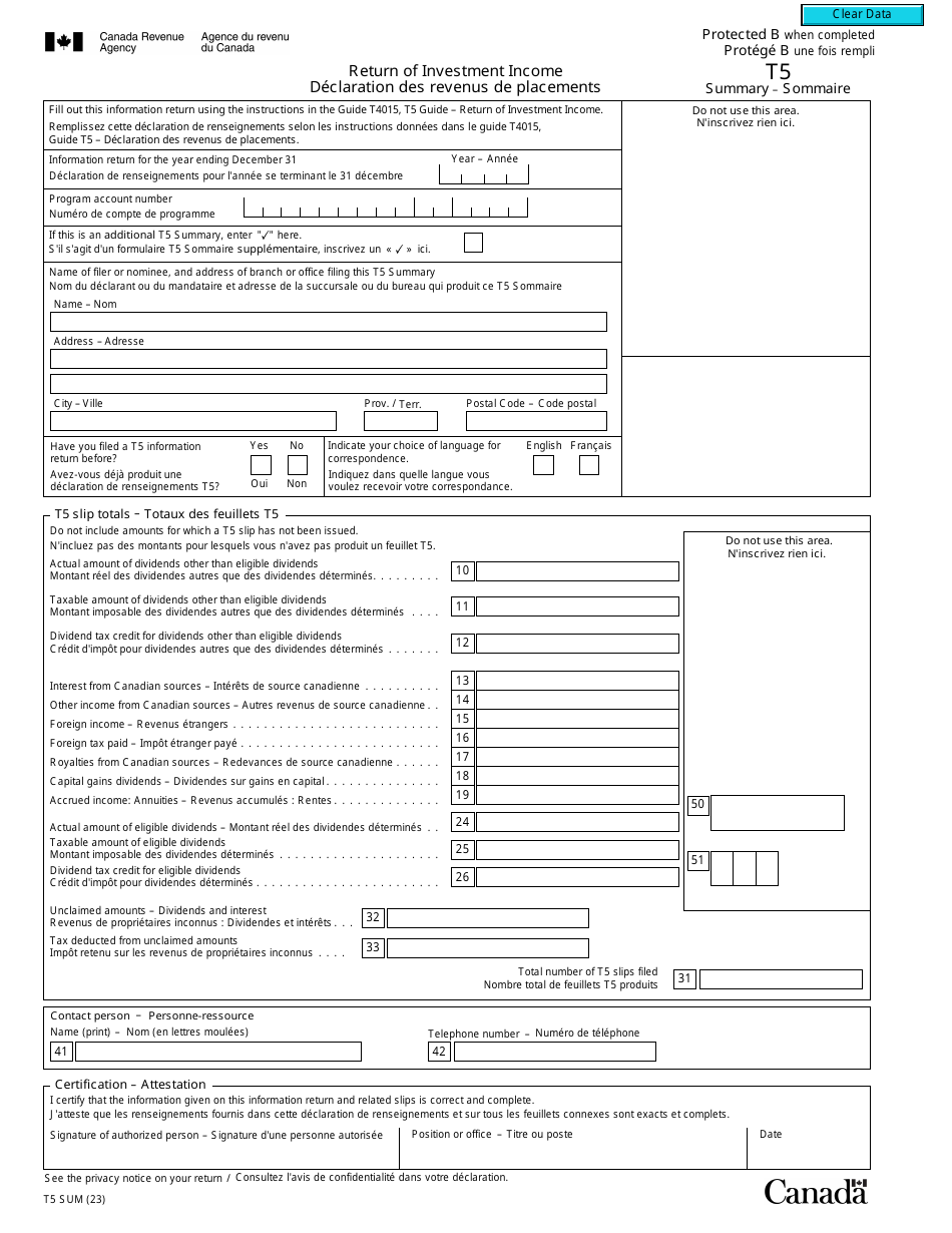 Form T5SUM Download Fillable PDF or Fill Online Return of Investment ...