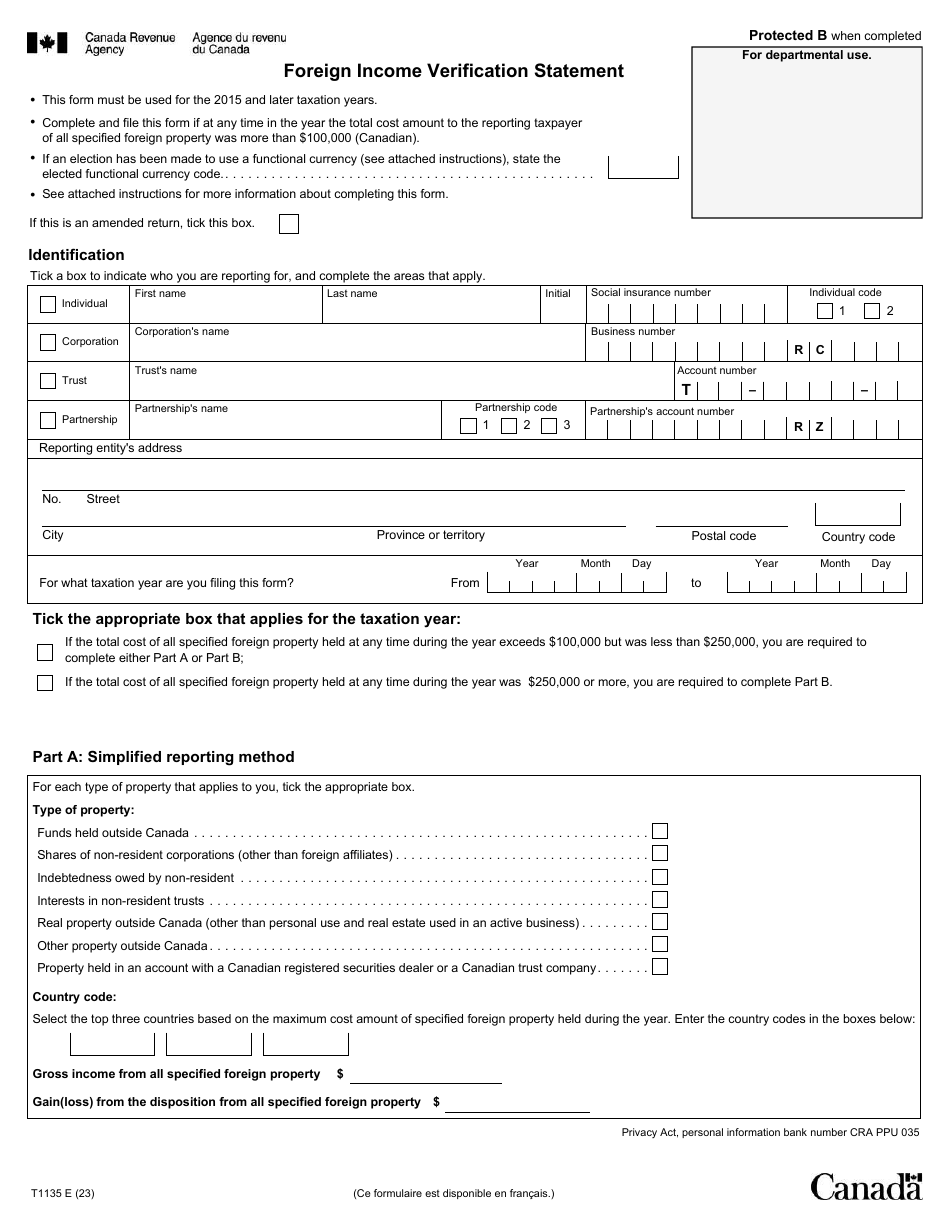 Form T1135 Download Fillable PDF or Fill Online Foreign Income ...