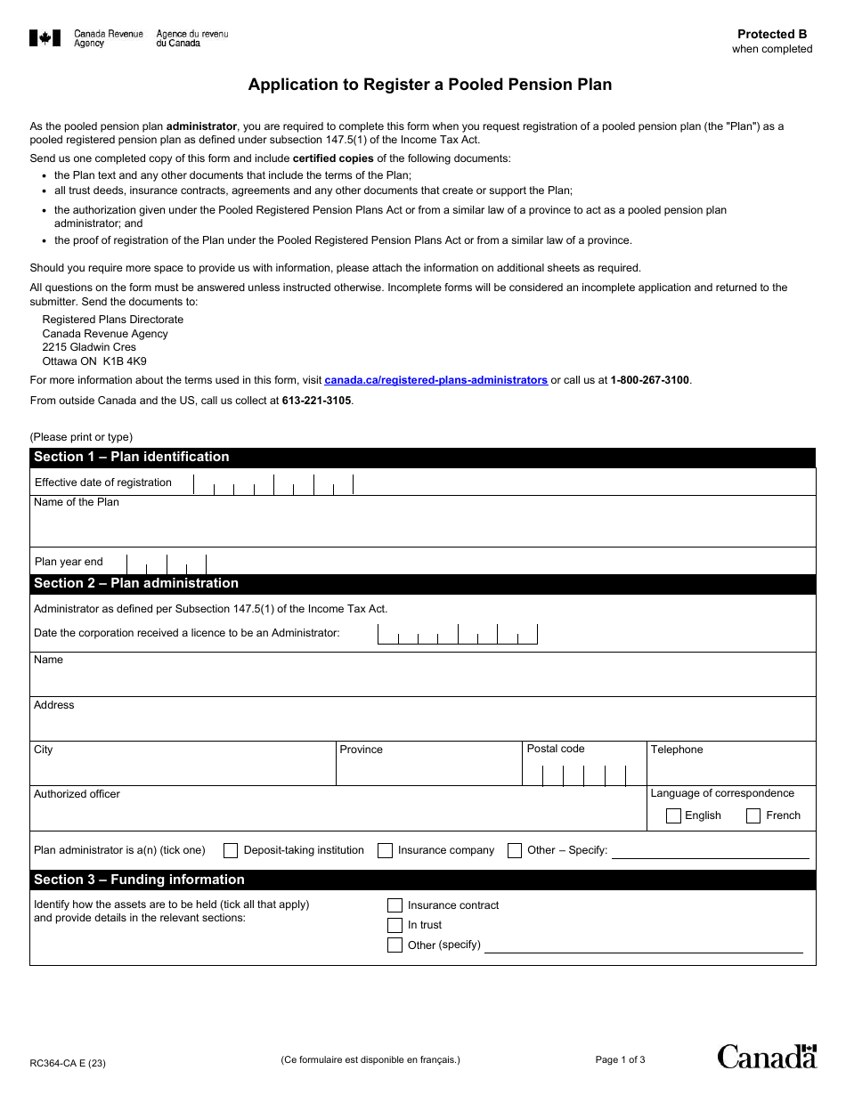 Form RC364-CA Download Fillable PDF or Fill Online Application to Register a Pooled Pension Plan ...