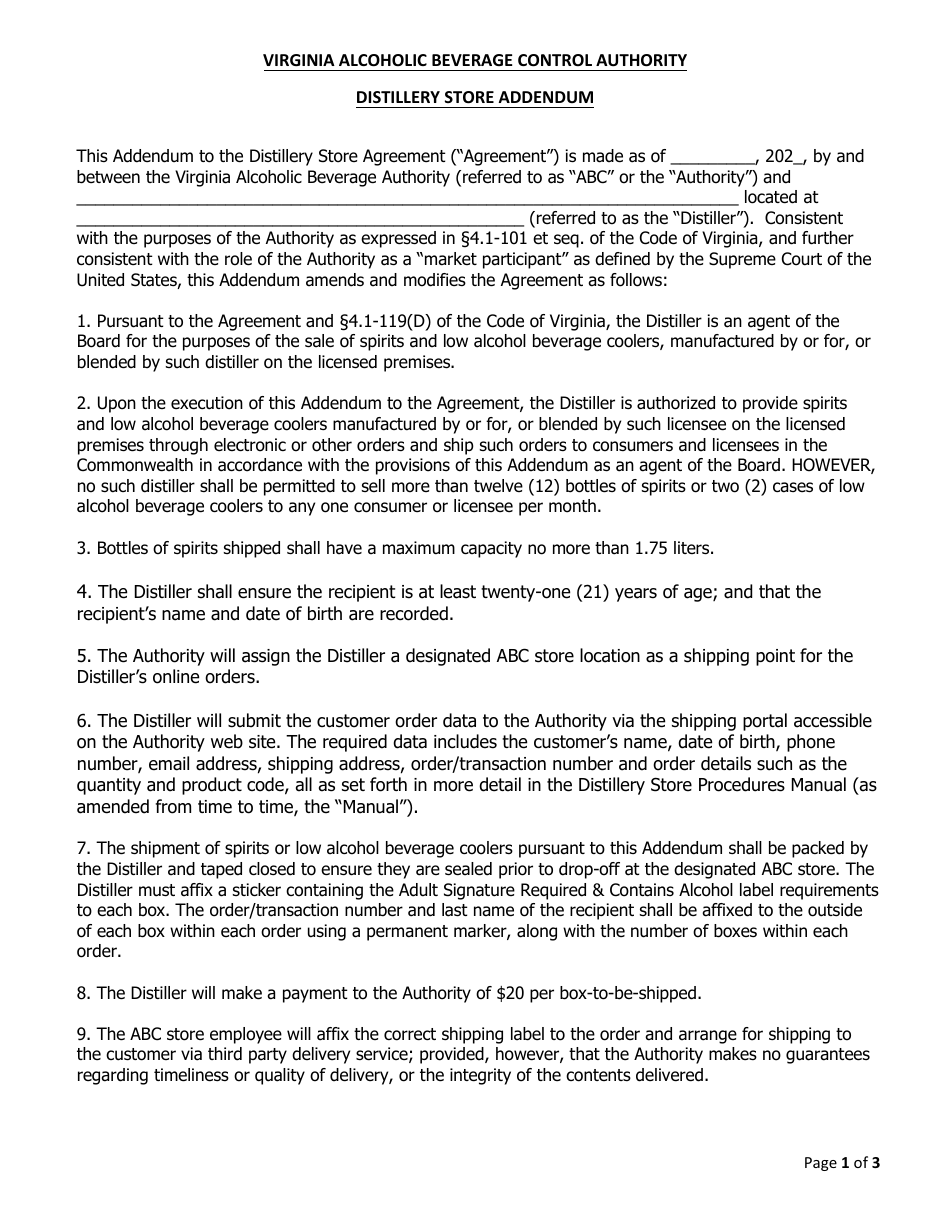 Virginia Distillery Store Addendum - Fill Out, Sign Online and Download ...
