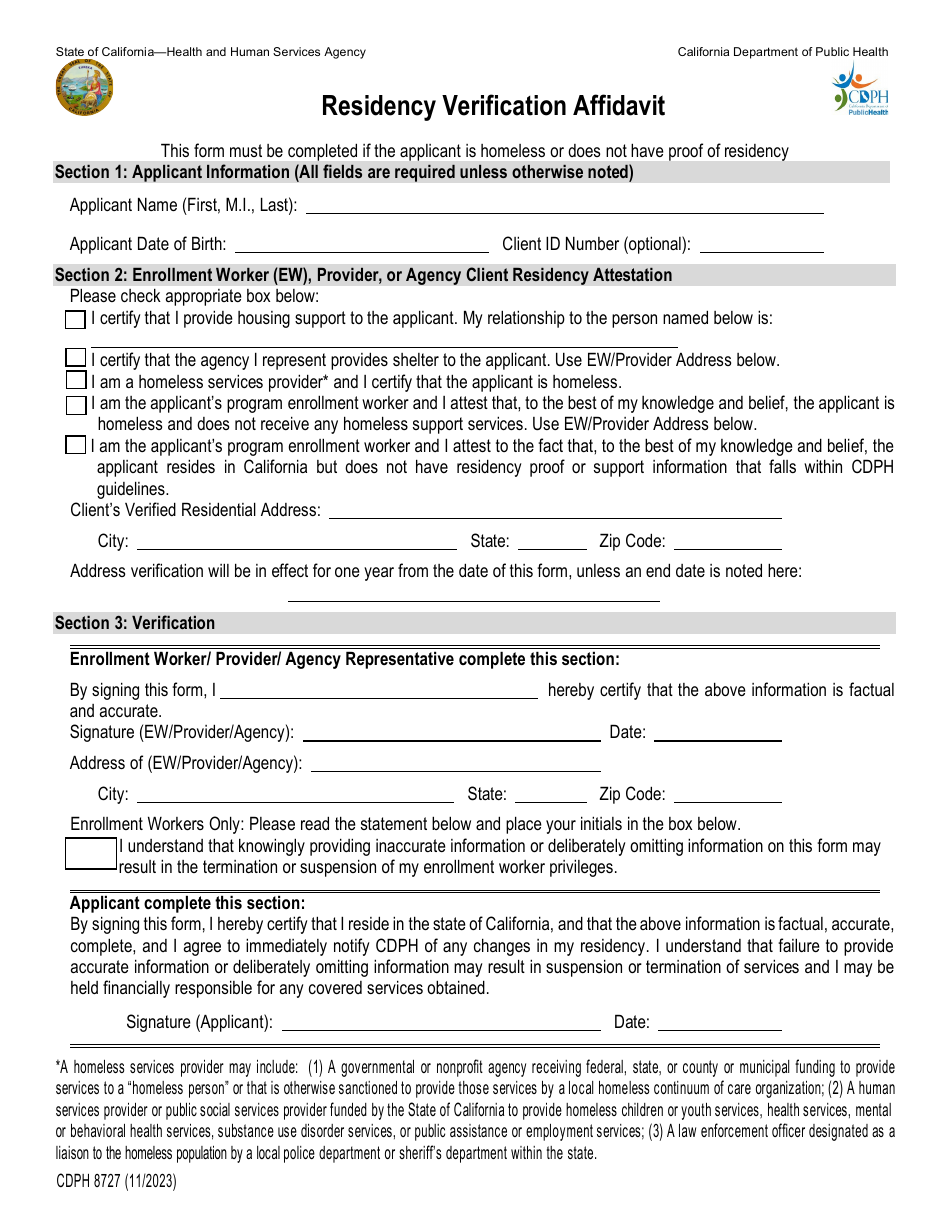 Form CDPH8727 Download Fillable PDF or Fill Online Residency Verification Affidavit, California ...