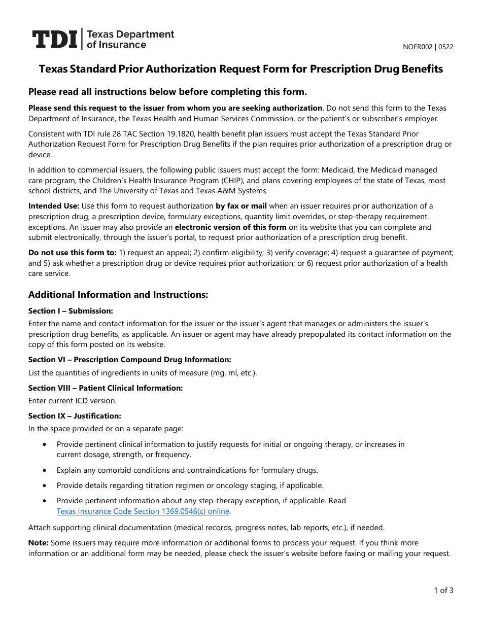 Form NOFR002 Download Fillable PDF or Fill Online Texas Standard Prior ...