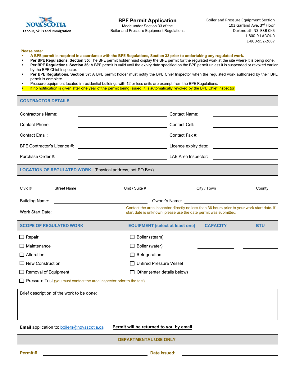 Nova Scotia Canada Bpe Permit Application - Fill Out, Sign Online and ...