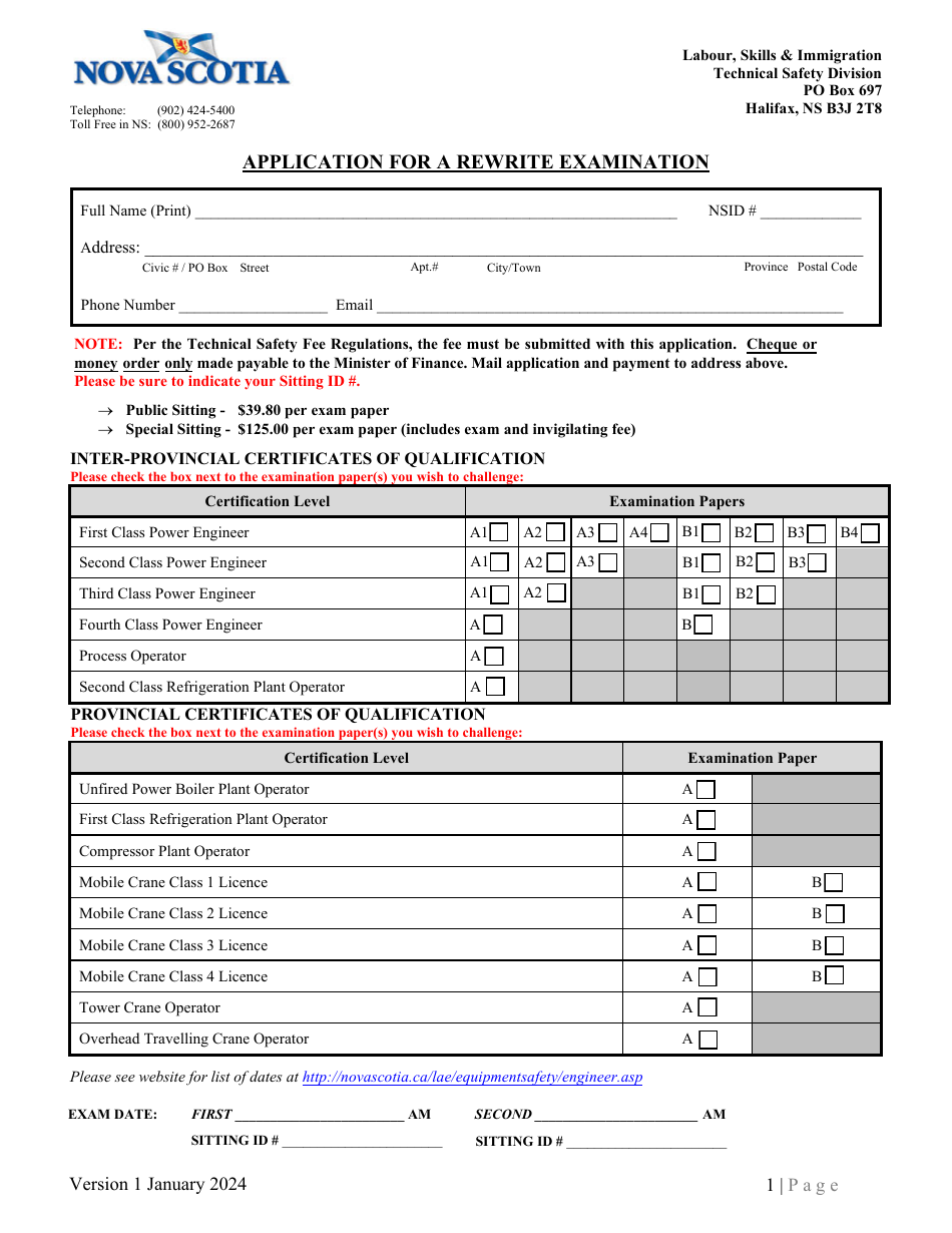 Nova Scotia Canada Application for a Rewrite Examination Download ...