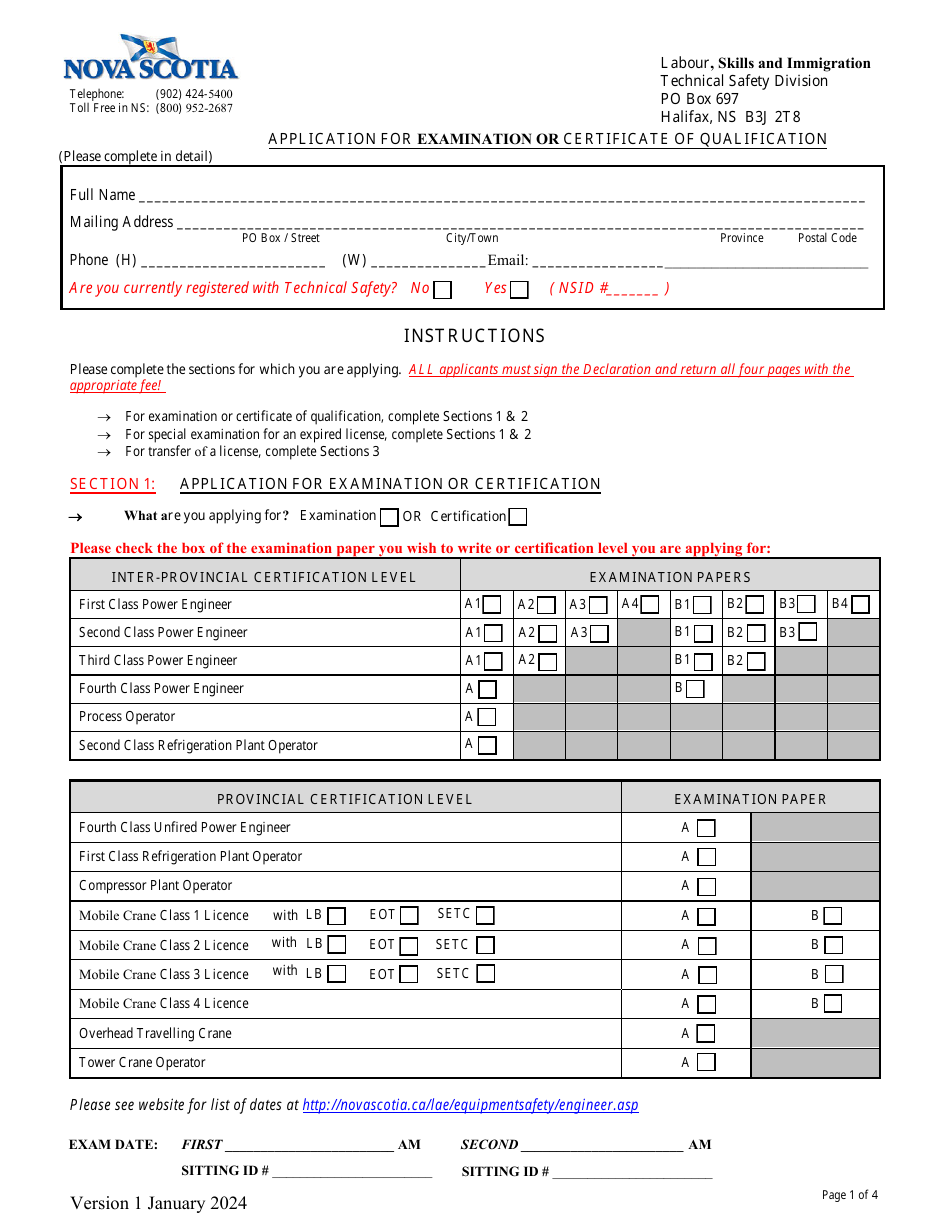 Nova Scotia Canada Application for Examination or Certificate of Qualification - Fill Out, Sign ...
