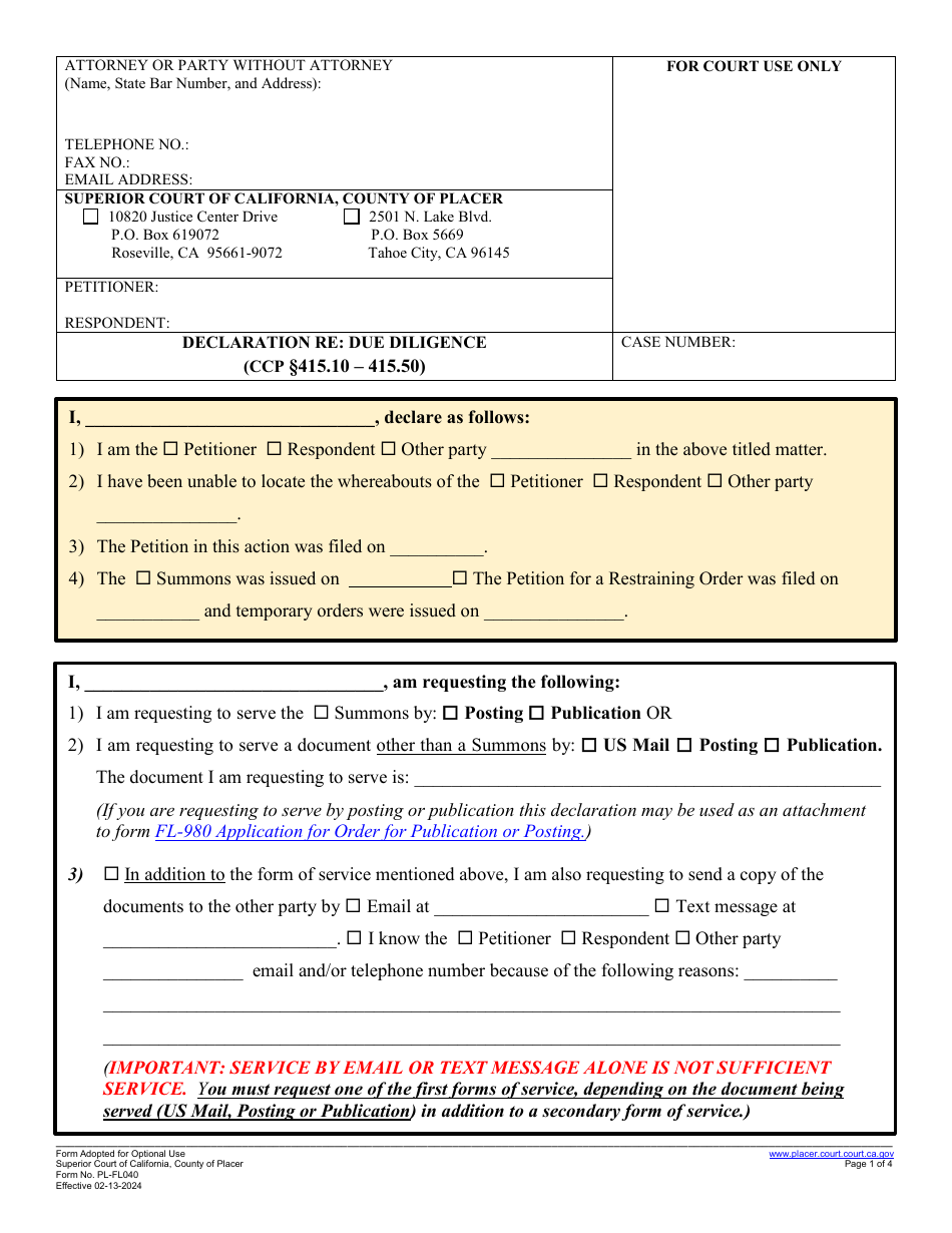 Form PL-FL040 - Fill Out, Sign Online and Download Fillable PDF, County of Placer, California ...