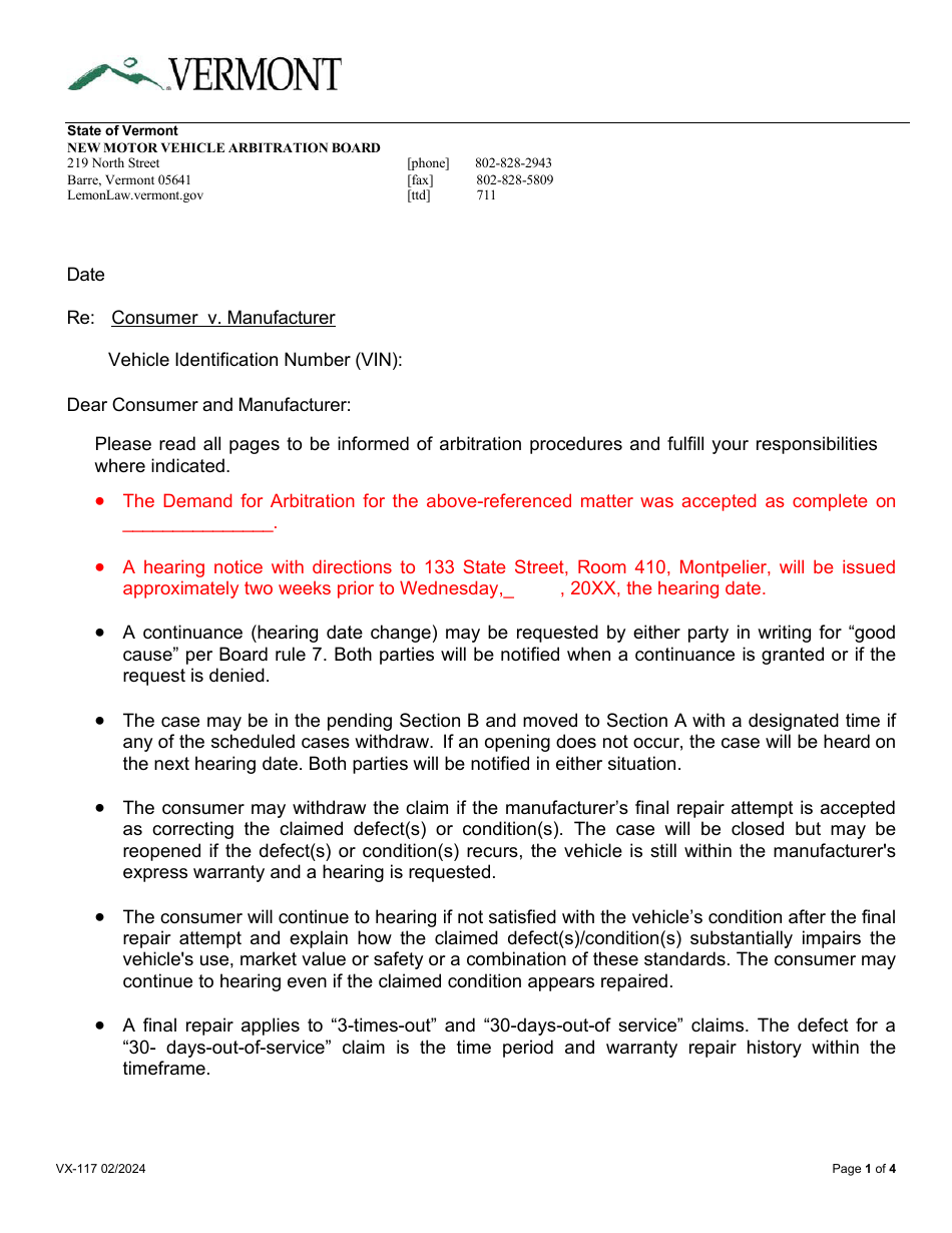 Form VX-117 Download Printable PDF or Fill Online Lemon Law Case ...